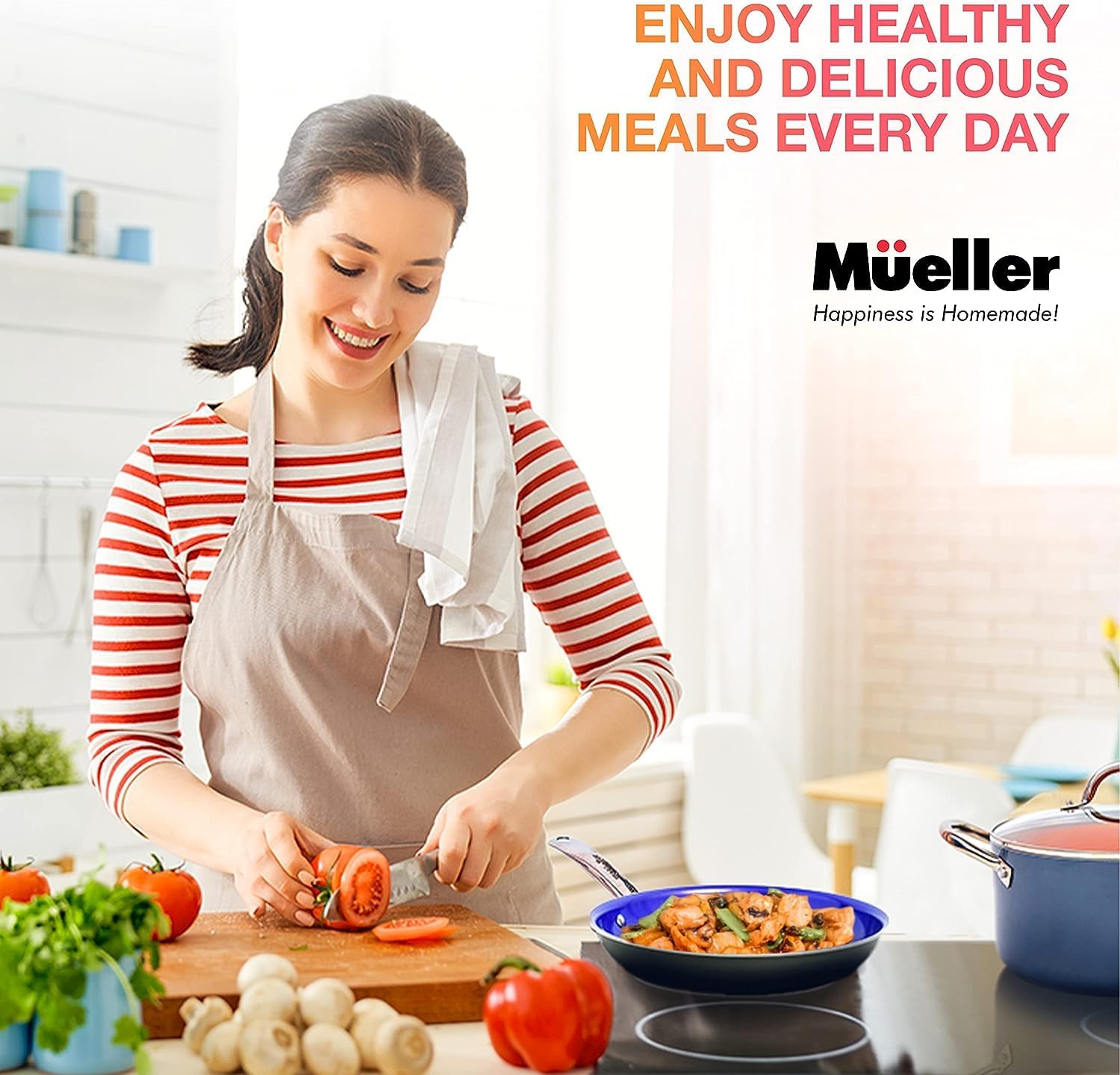 Mueller UltraClad Sapphire Pots and Pans Set Nonstick, 14 Piece Induction Cookware Sets, Aluminum Body, Includes Non Stick Deep Frying Pan, Sauce Pans for Cooking, Dutch Oven and More