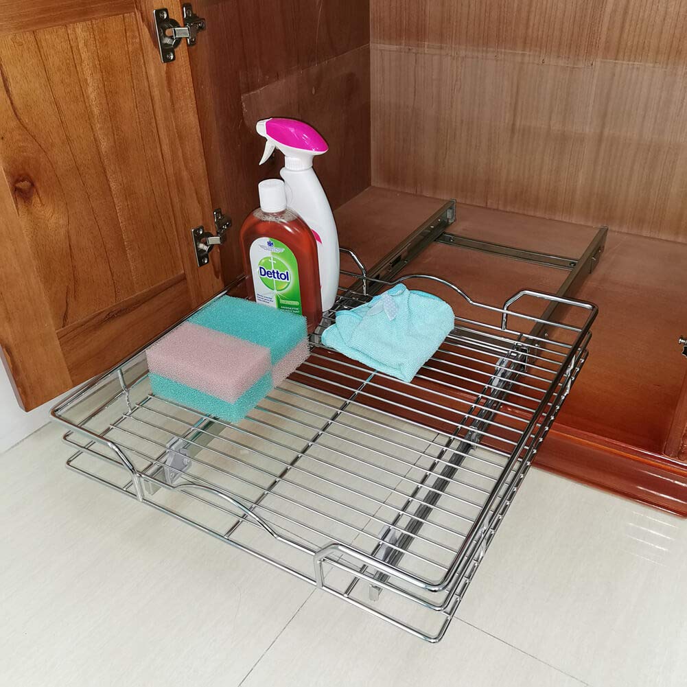 Pull Out Cabinet Organizer(11" W x 21" D x 5" H, 1 Tier Heavy Duty Slide Out Kitchen Cabinet Shelves, Sliding Drawer for Cabinet, Wire Frame, Chrome Finish