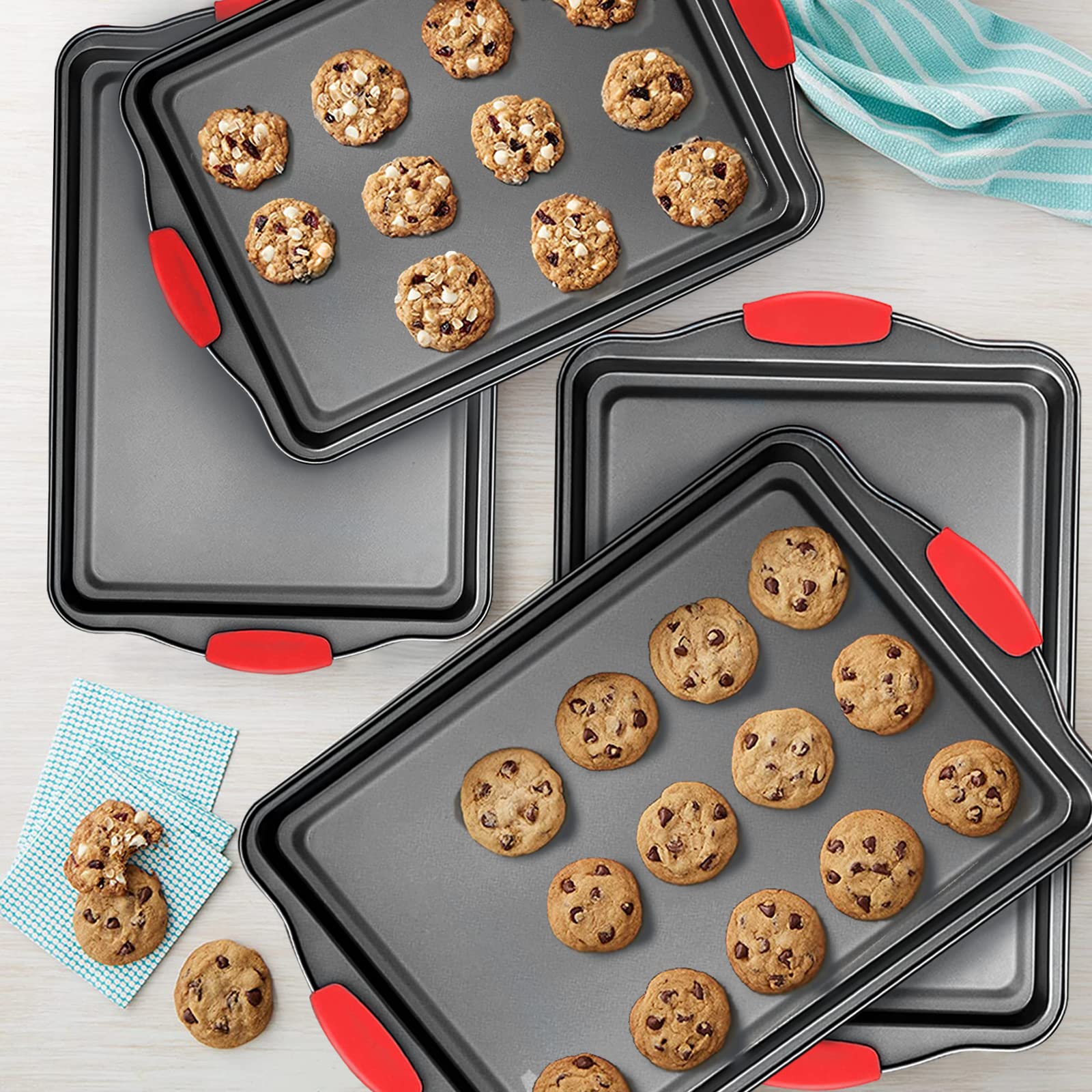 NBFTLTOP Baking Pan for Oven Non-Stick Baking Sheet Set of 4 w/Silicone Handles,Carbon Steel Baking Tray