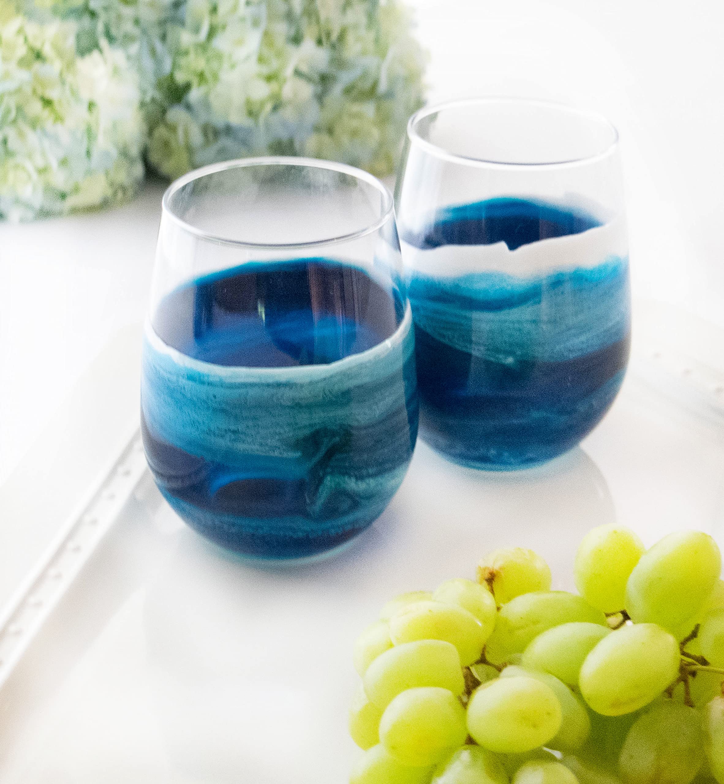 Schafer Art Studio - Handmade Beach Themed Wine Glass, Stemless White Wine 17 ounce, Painted Resin Large Wine Glass