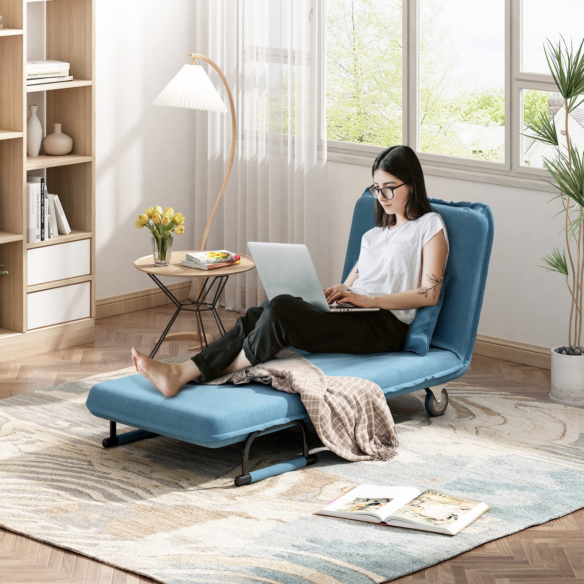 JAXSUNNY Convertible Sofa Bed Sleeper Chair, 5 Position Blue Recliner with Adjustable Backrest and Pillow, Chaise Lounge Couch for Living Room Bedroom Home Office