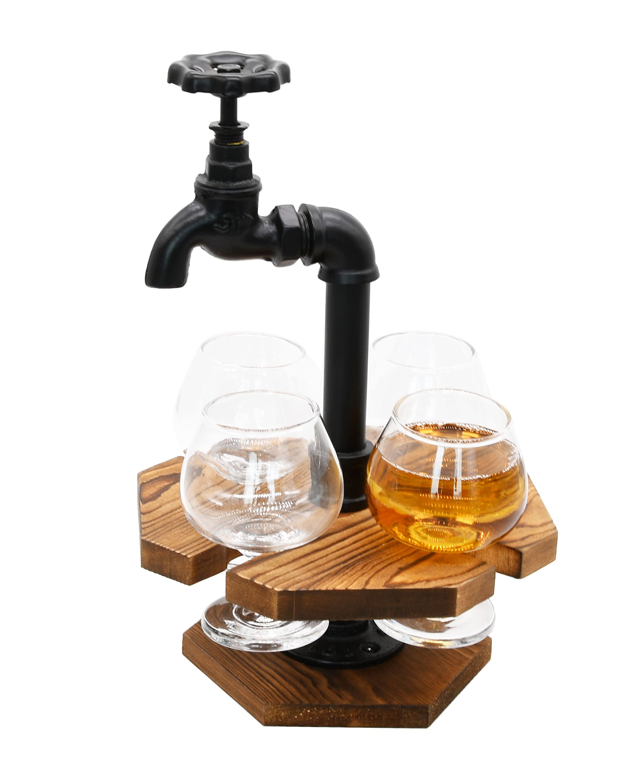 Owlgift Industrial Pipe & Burnt Wood Beer/Whiskey Flight Set with 4 Glasses, Cast Iron Faucet Spigot Design