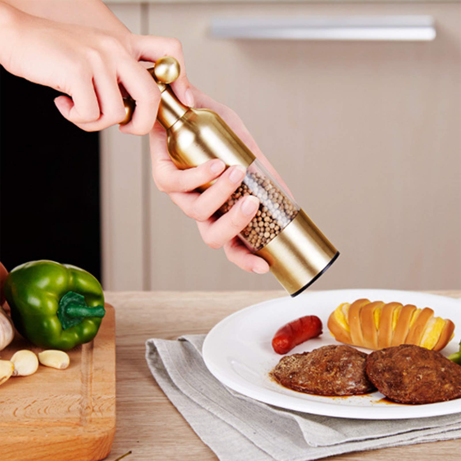 Pepper Salt Grinder Manual Spice Mill Grinder, Stainless Steel Salt And Pepper Grinder Seasoning Grinding Tool, Refillable Salt Pepper Grinder Set Kitchen Seasoning Kit Elegant Salt Pepper(Gold)