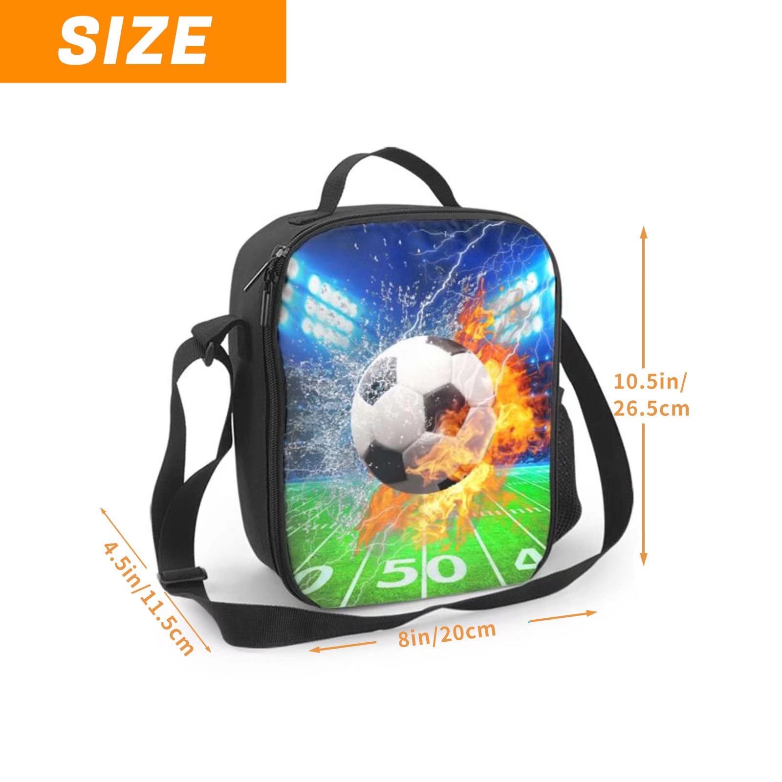 PAUSEBOLL Soccer Unisex Lunch Bag, 10.5 x 8 x 4.5 in, Oxford Cloth with EVA Lining, Adjustable Shoulder Strap, Mesh Pocket, Lightweight, Reusable, Waterproof