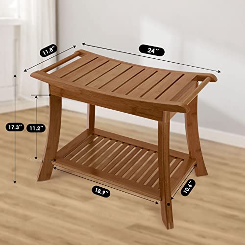 VVW Bamboo Shower Bench & Stool with Storage Shelf, Bath Benches for Inside Shower, Bathroom Stools 2-Tier Spa Seat for Adults Elderly (Walnut)