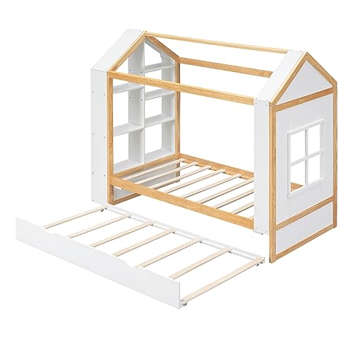 LAVHOME Twin Size House Platform Bed with Storage Shelves and Twin Size Trundle,Solid Wood Twin Bed Frame Box Spring Not Required,White