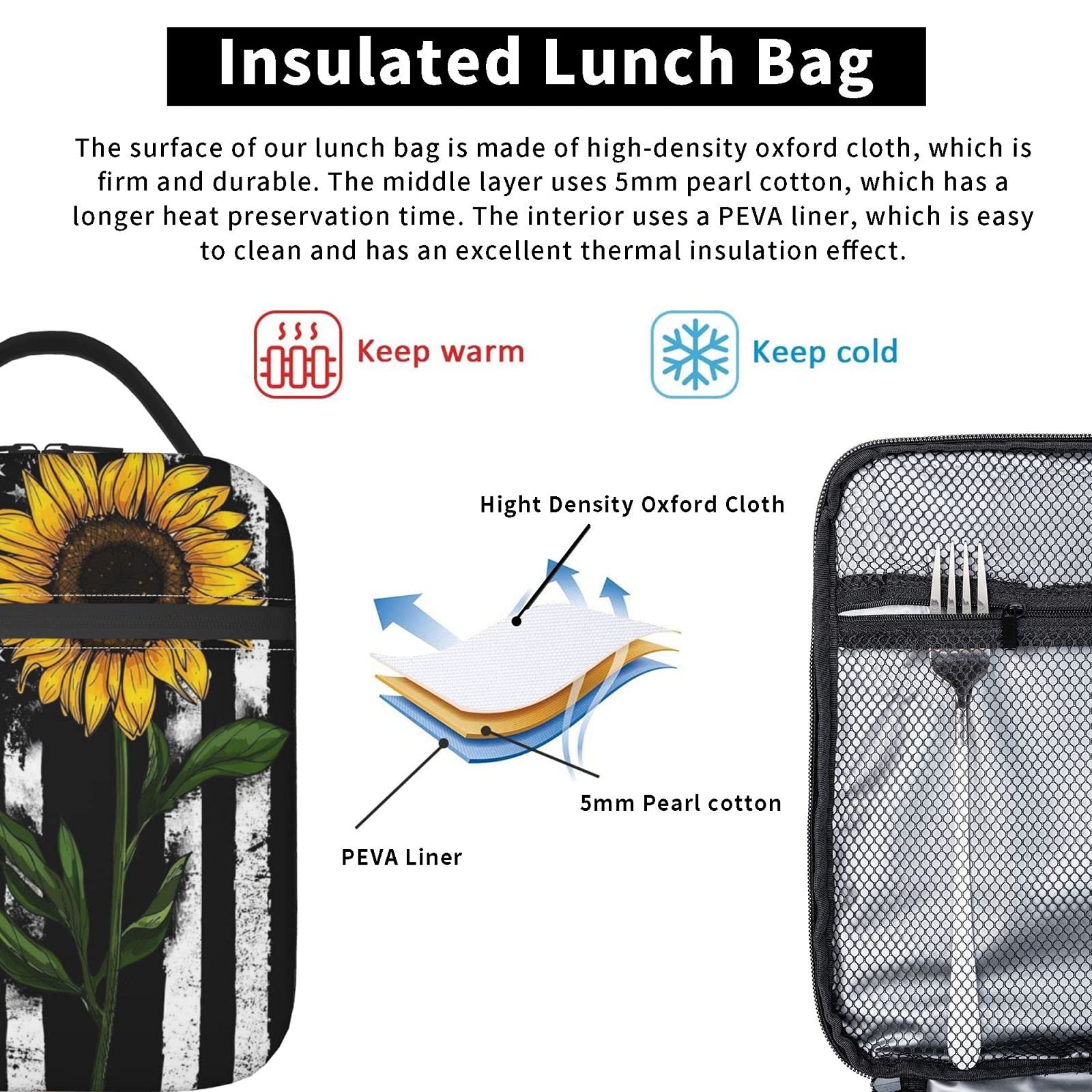 Poltbaie Sunflower And American Flag Insulated Lunch Bag