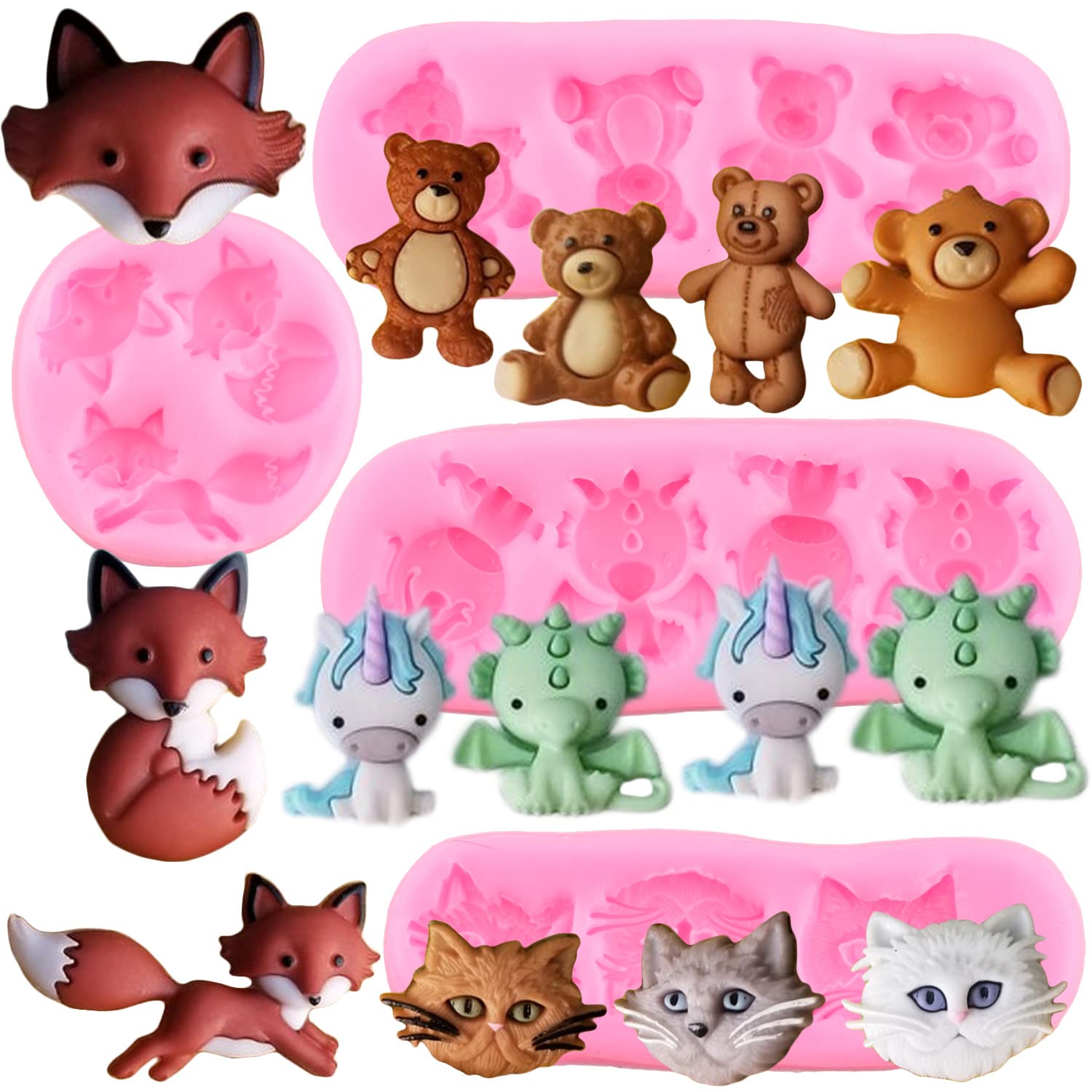 Mujiang Cat Head Fox Unicorn Bear Silicone Fondant Molds For Sugar Gum Paste Candy Chocolate Cake Decorating Set Of 4