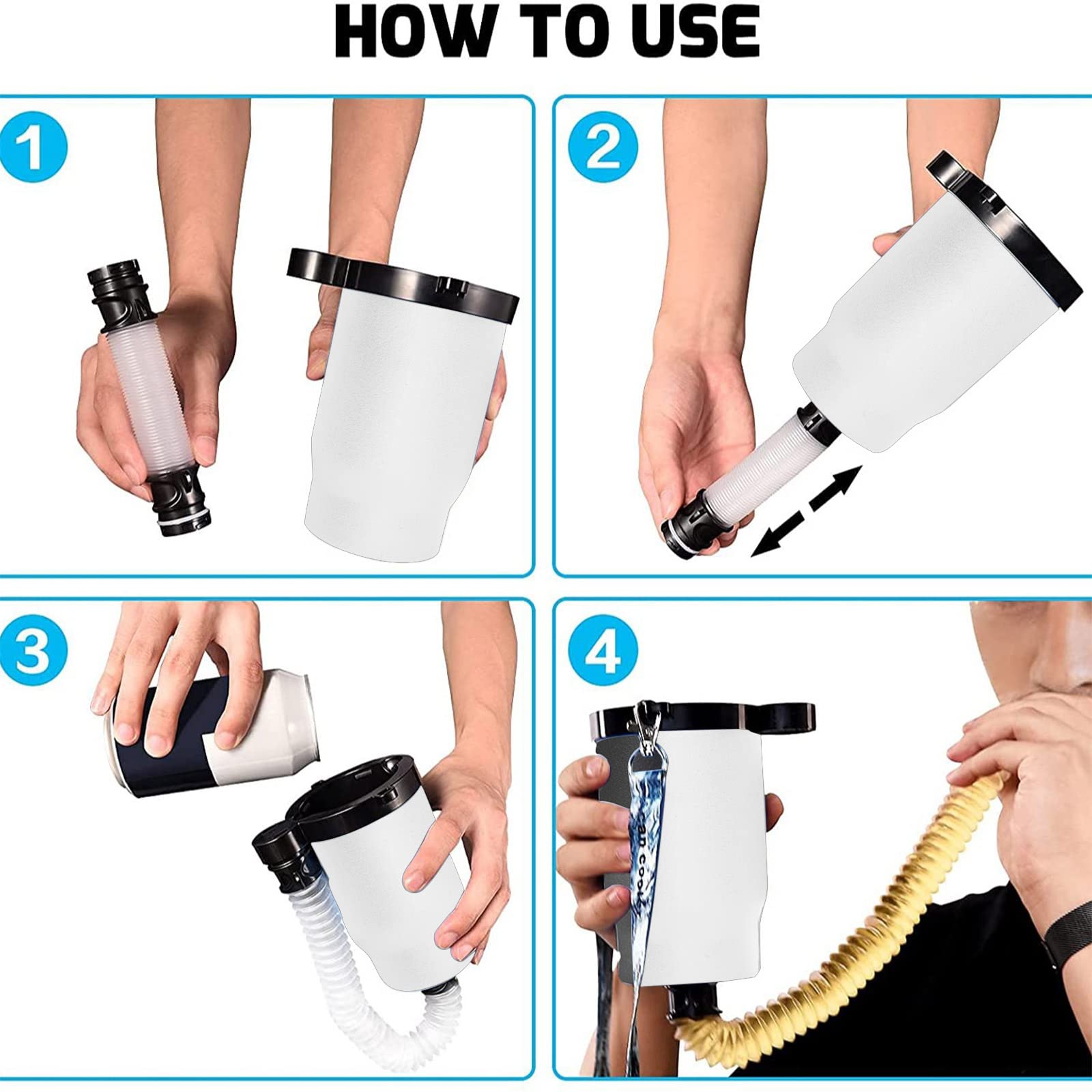 Portable Can or Bottle Cooler & Cup with 2 Detachable Expandable Hose and Bottle Opener Keychain,Hose Funnel Cup for Beverage Drink, Built for Party Bottle Bottle Drinking Funnel (White)
