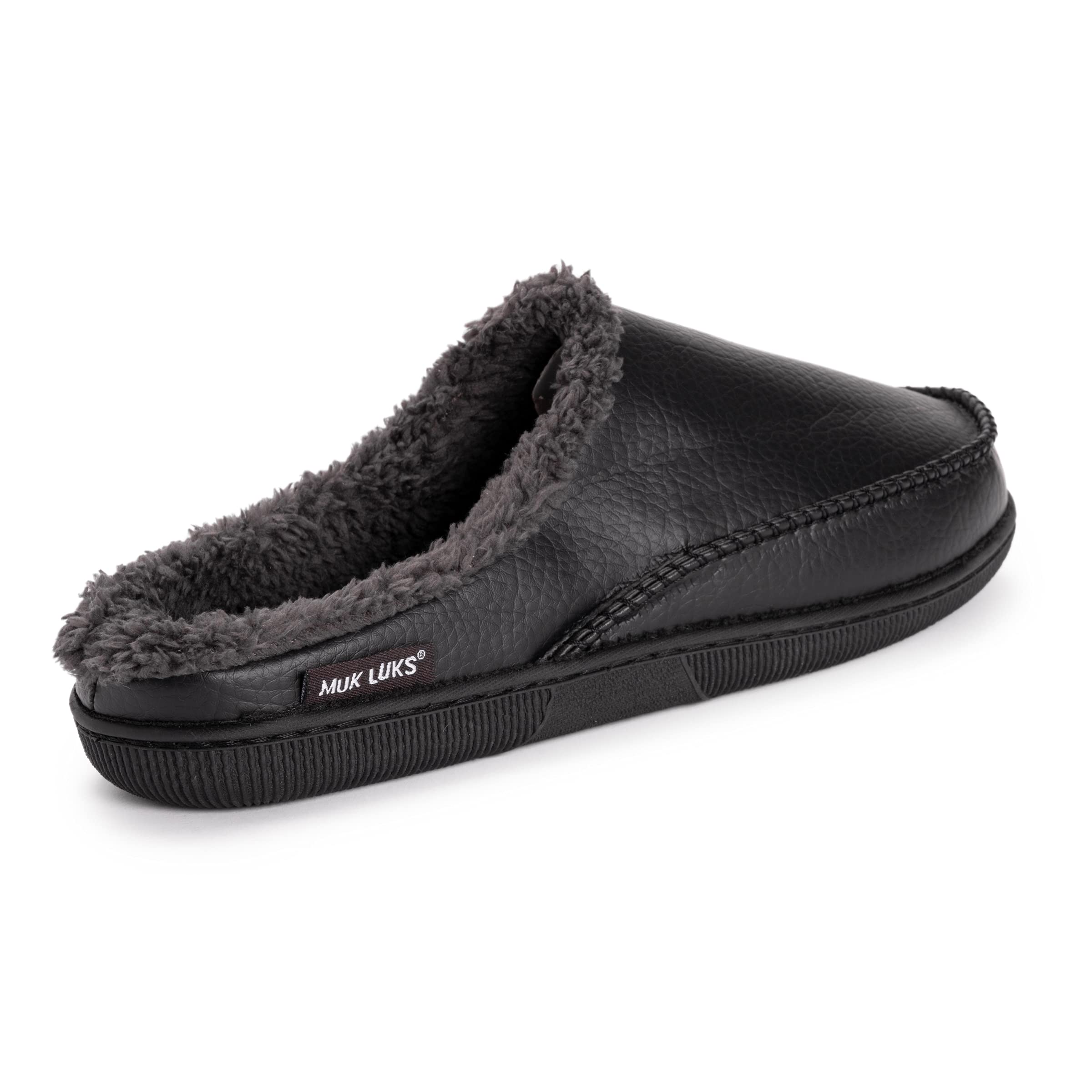 MUK LUKS Men's Faux Leather Clog Slipper, Black, 12-13