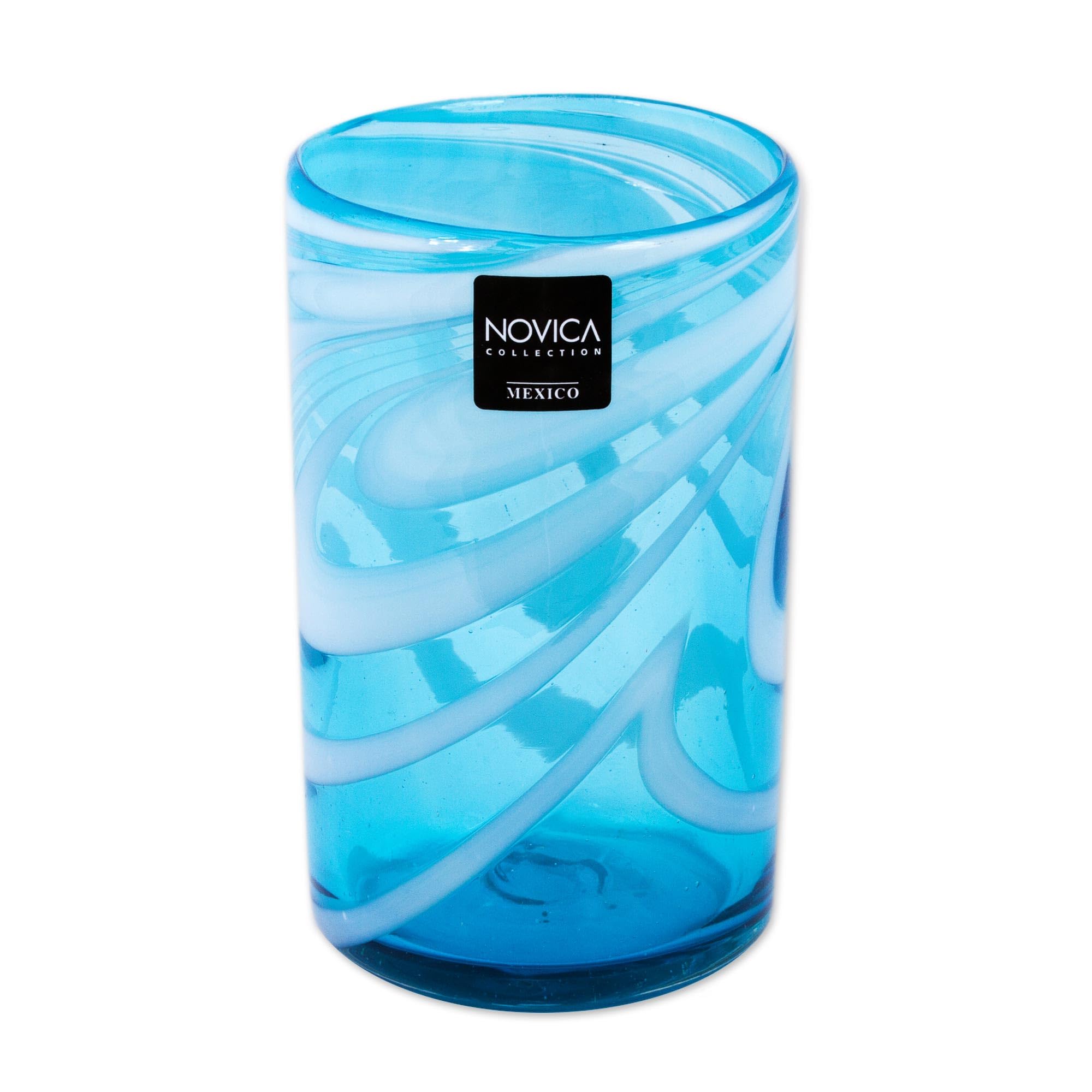 NOVICA Blue And White Swirl Hand Blown Glass Water Glasses, 15 Oz, 'Whirling Aquamarine' (Set Of 6)