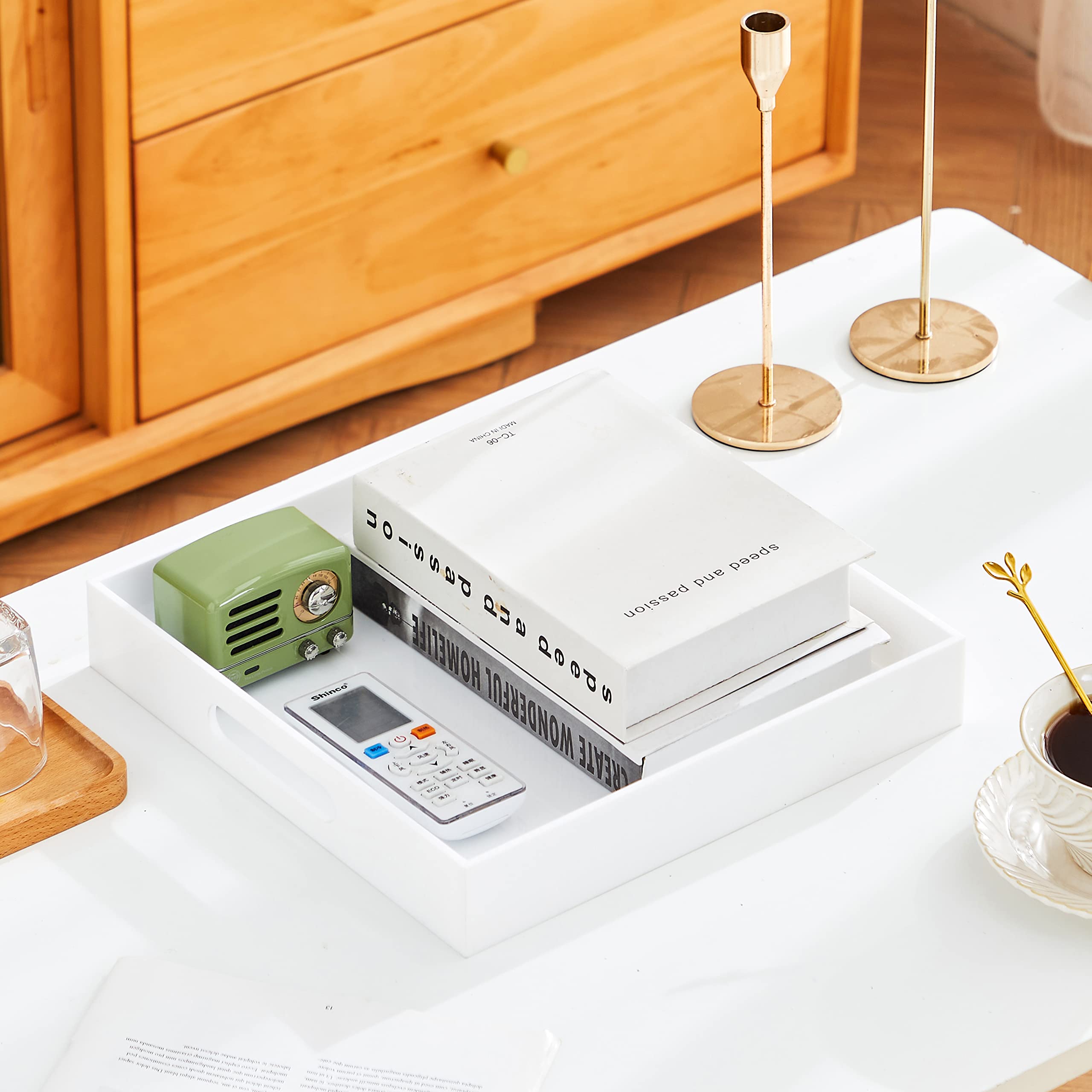 MUKEEN Glossy White Acrylic Serving Tray with Handles, 12x12x2H Inches - Spill Proof, Decorative Trays for Countertop, Ottoman Coffee Table, Nightstand, Breakfast, Tea, Food