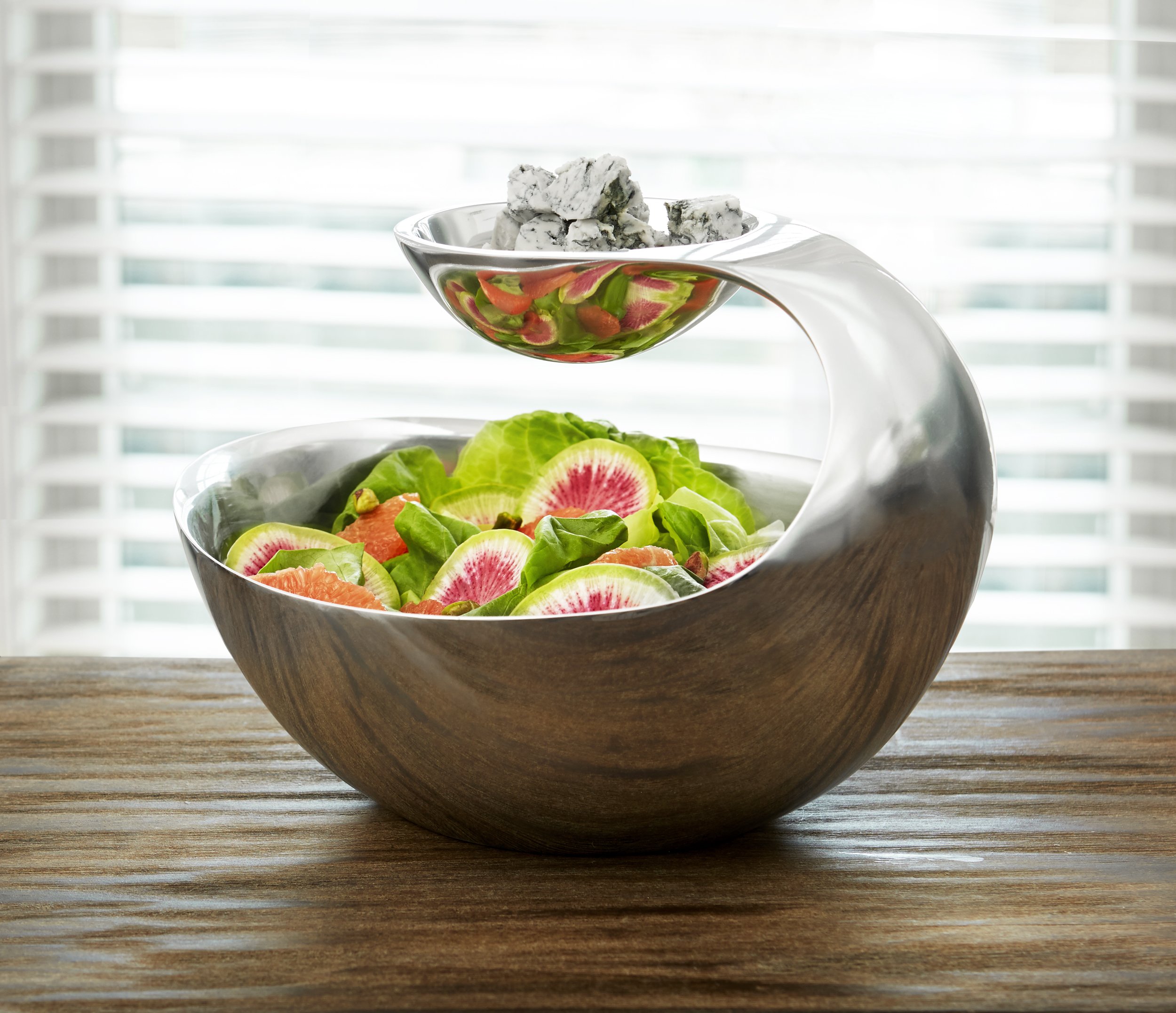 nambe Scoop Server | Two-Tiered Chip and Dip Bowl | Cold & Hot Appetizer Serving Bowl | Made of Metal Alloy | 11 x 8 Inch | Designed by Wei Young (Silver)