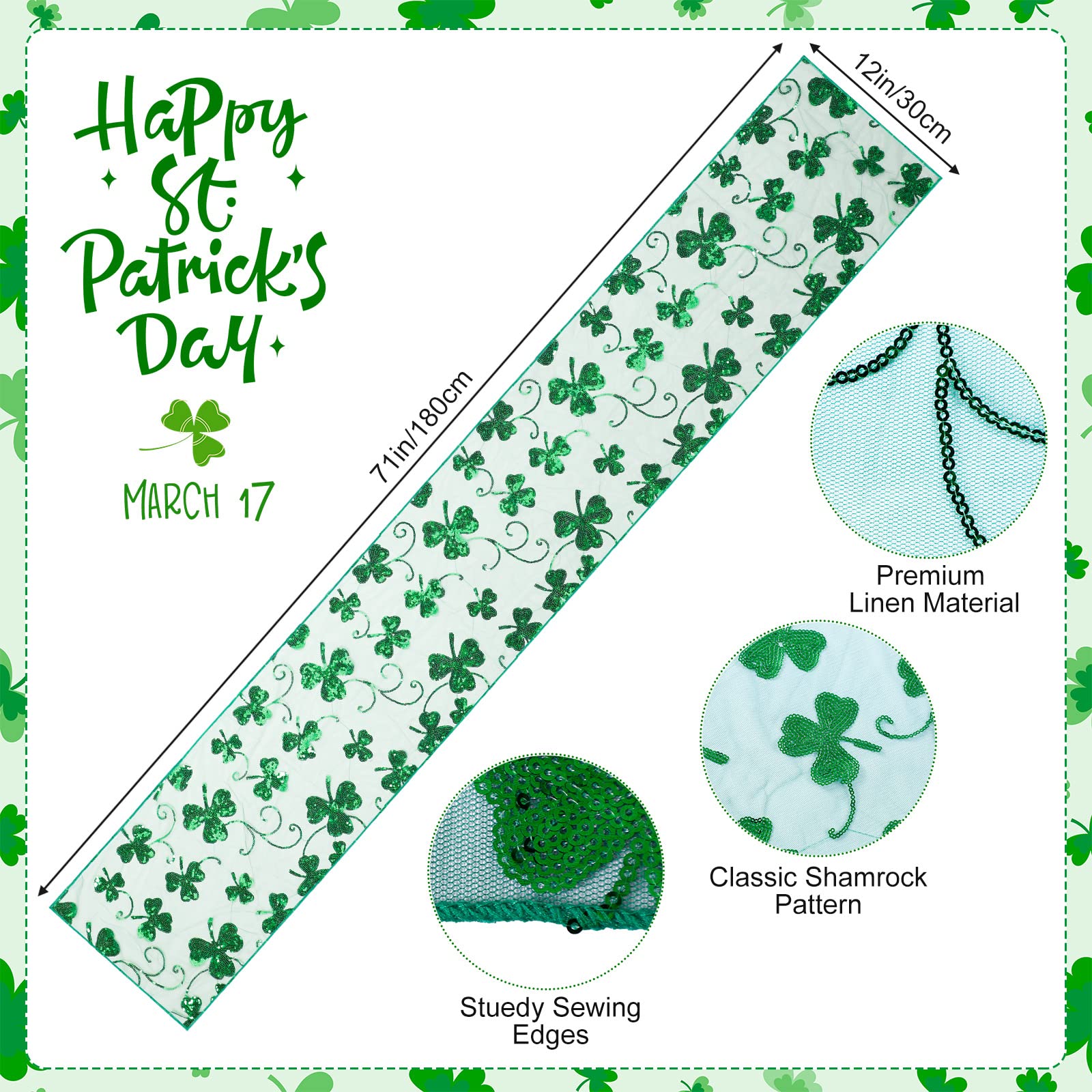 St Patrick's Day Sequin Table Runner Decoration Lucky Shamrock Table Runners with Green Irish Shamrock Sequin 72 x 12 Inch Rectangle Table Runner for St Patricks Day Party Event Decorations(1 Pcs)