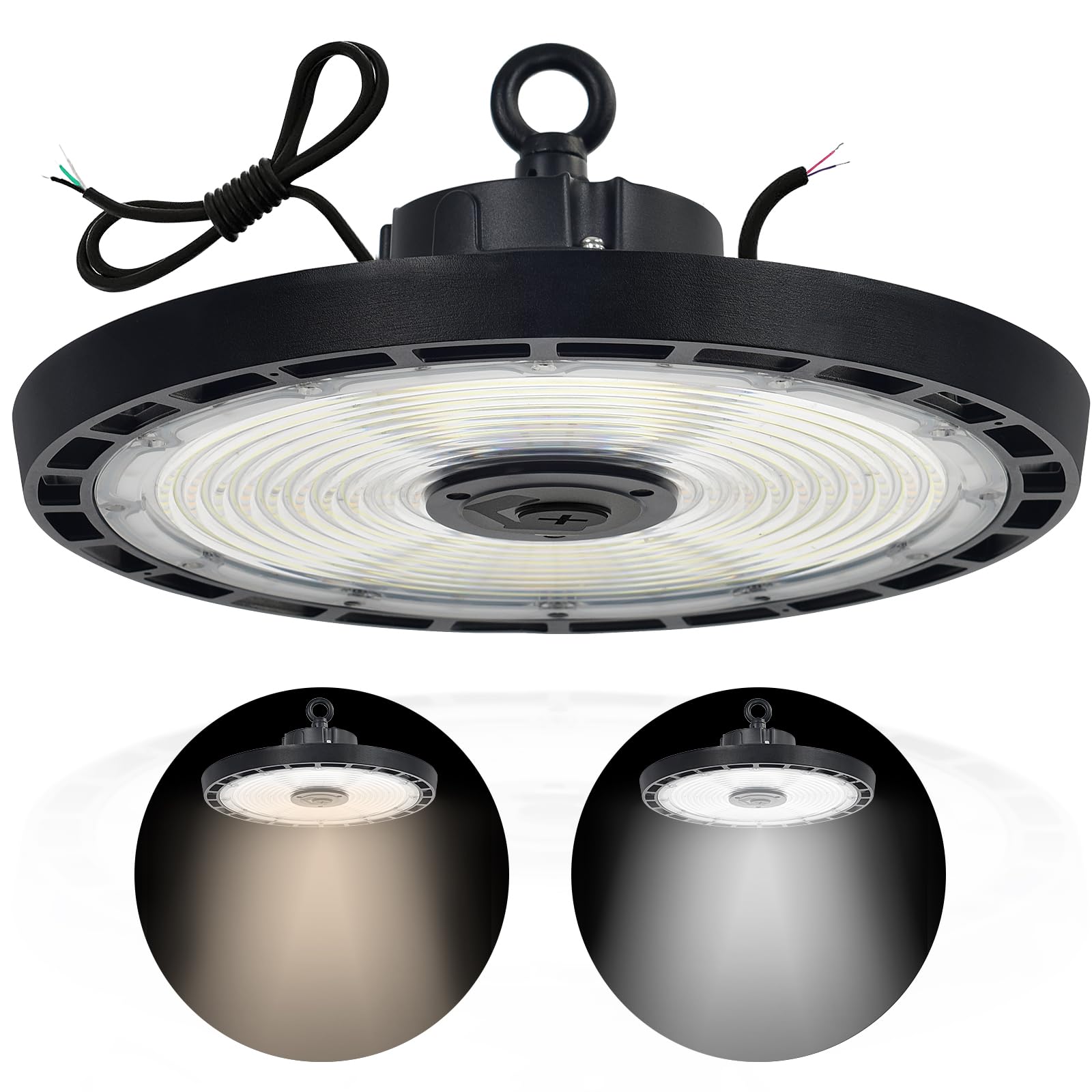 UFO LED High Bay Light, 150W/100W/80W, 5000K/4000K Adjustable, 25000Lumens, 0-10V Dimmable, Super Bright LED Shop Light, AC100-277V, IP65 Commercial Bay Lighting for Garage Warehouse, DLC Qualified