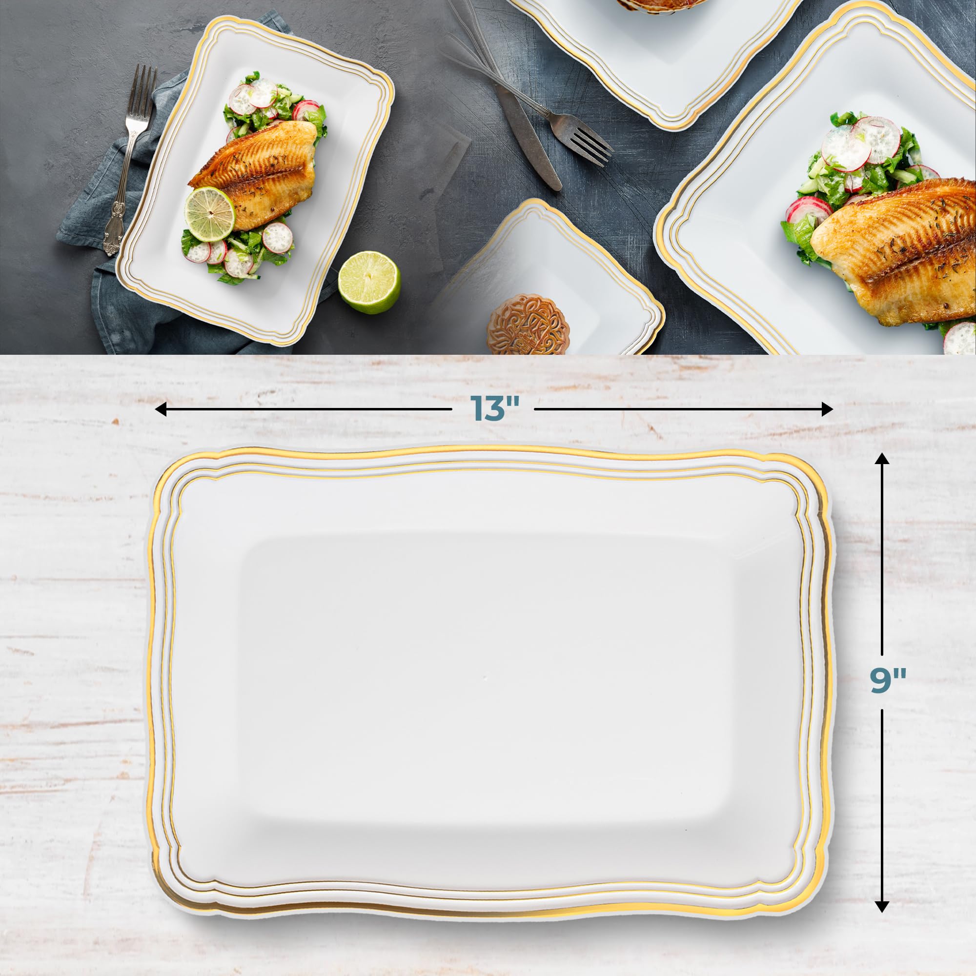 Posh Setting Plastic Serving Tray White Plastic Tray with Gold Rim Border, Disposable Serving Trays Heavyweight Serving platters and Trays 9"x13" Appetizer Tray [6 Pack]