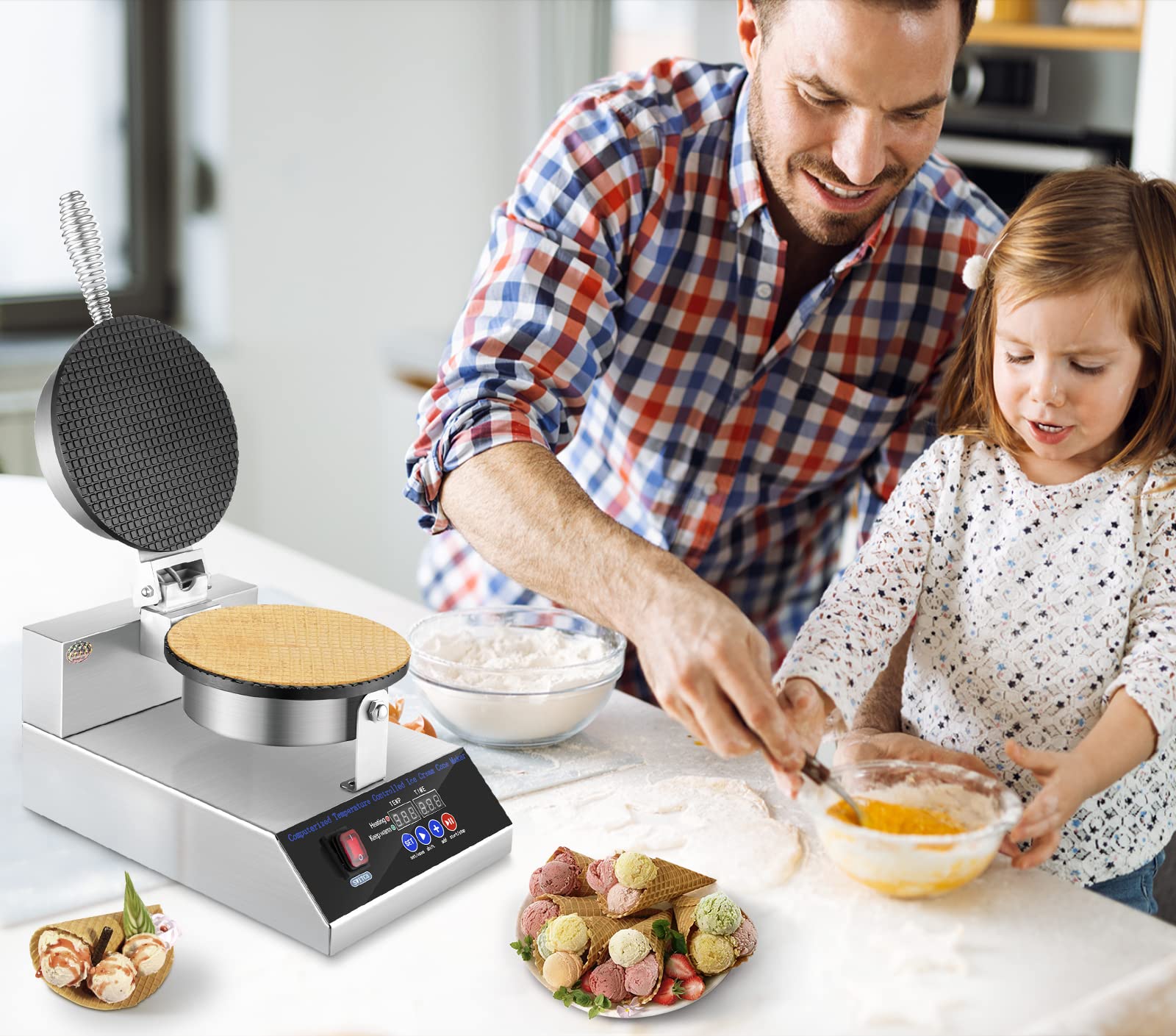 S2SQURE Commercial Ice Cream Cone Maker Waffle, Waffle Cone Iron, non-stick panel, stainless steel structure, high power 1200W, suitable for hotels, restaurants, snack bars, Ice Cream Shop