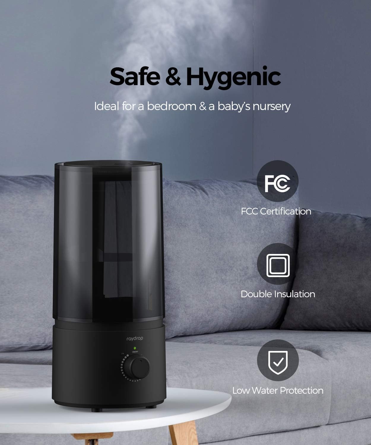 raydrop® Humidifiers for Bedroom, 4L Air Humidifiers for Large Room, Ultrasonic Cool Mist Humidifiers for Baby, Plant, 30H Work Time, Auto Shut-Off (Black)