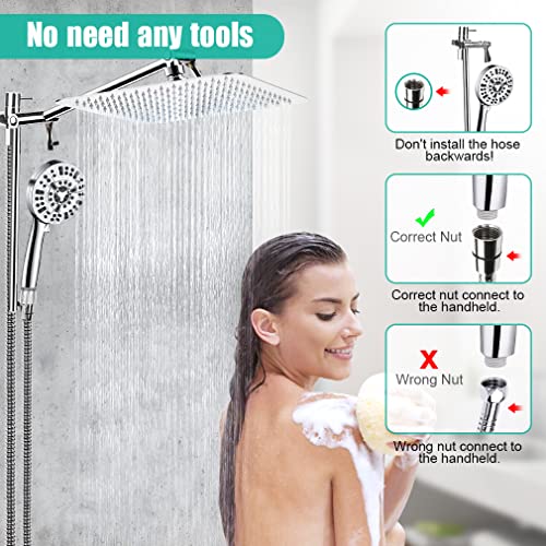 Shower Head with Handheld, 10'' High Pressure Rain Shower Head/10 Modes Handheld Shower Heads Power Wash Back with 11'' Extension Arm, Holder, 5ft Hose, Flow Regulator, Chrome, Height/Angle Adjustable