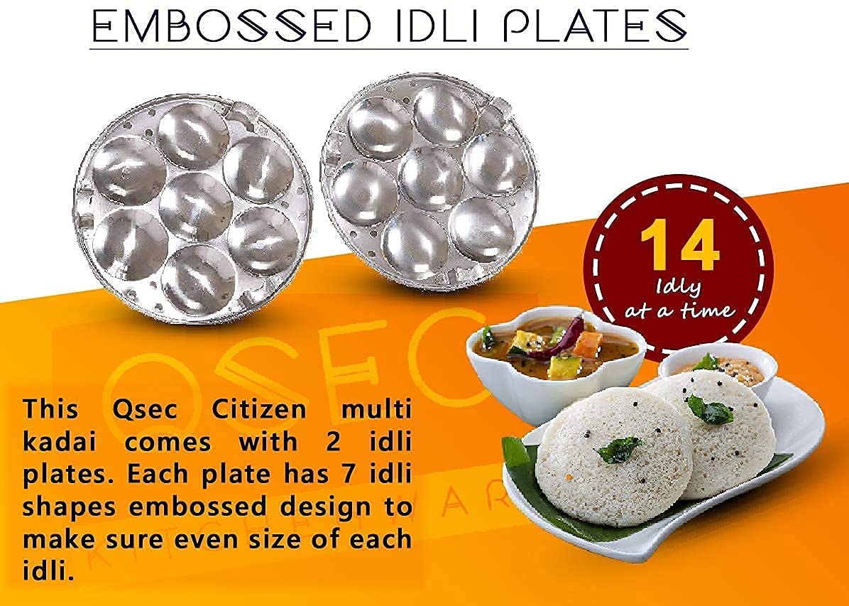 QSEC Stainless Steel Idli Cooker Multi Kadai Steamer with Copper Bottom All-in-One Big Size 5 Plate 2 Idli | 2 Dhokla | 1 Patra | Momo's | 3 in 1 | 28.5 cm Dia.