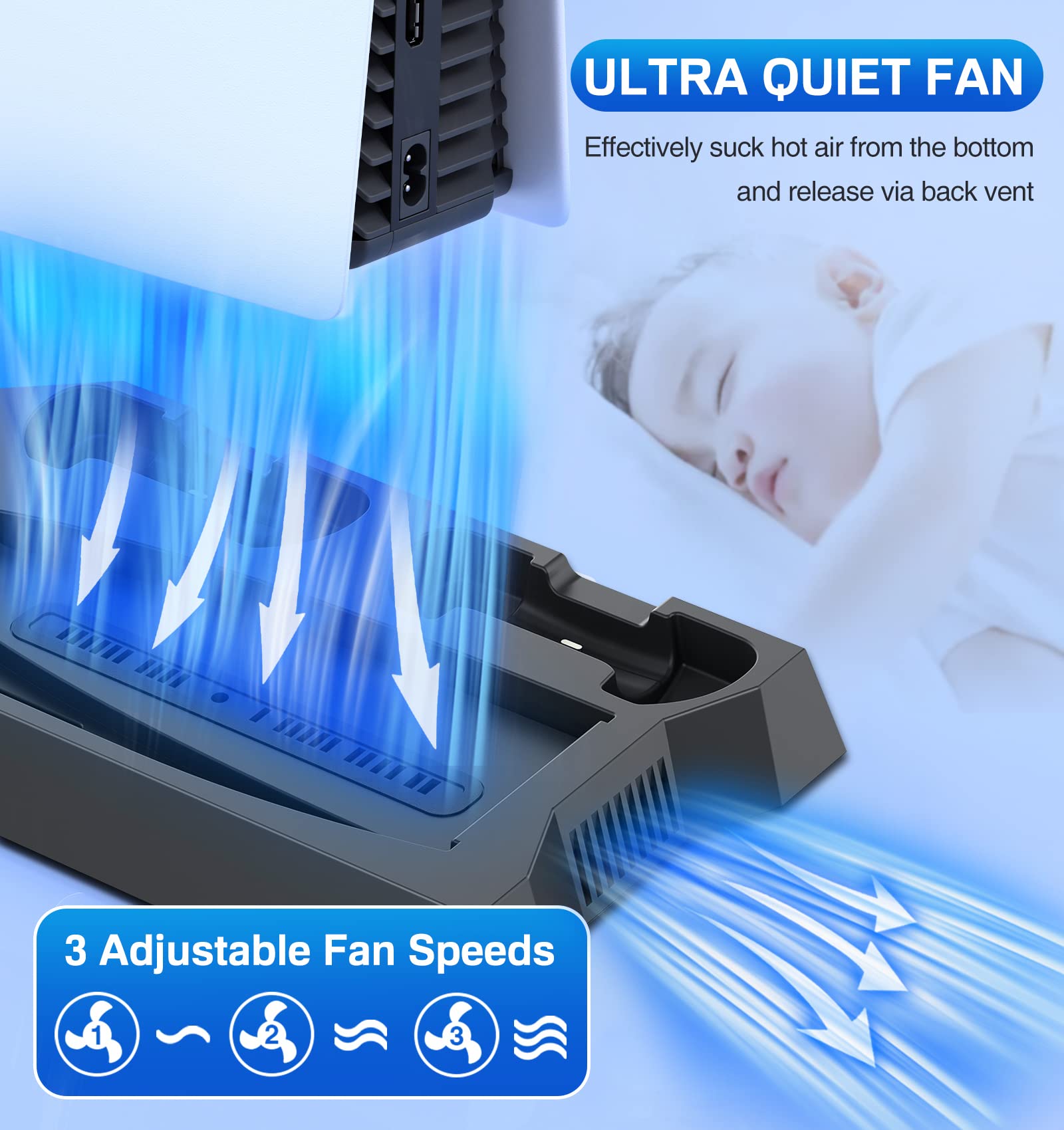 PS5 Stand with Cooling Station PS5 Controller Charging Station for Playstation 5 PS5 Console Edition, PS5 Accessories-Cooler Fan/Remote Charger/Headset Holder(Not Fit 2023 PS5 Slim Disc/Digital)