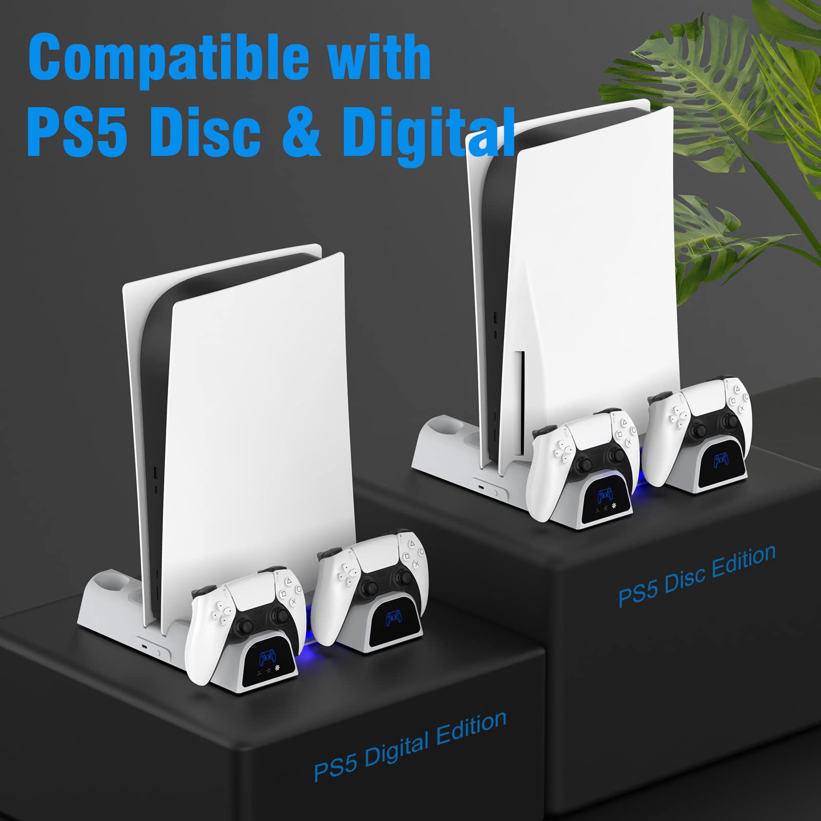 PS5 Cooling Stand with 2 Controller Charger Station and Extra Headset Holder for PS5 Disc & Digital Editions, Dual Controllers Charger, 3-Speed Adjustable Silent Fans, 11 Games Rack Organizer, White