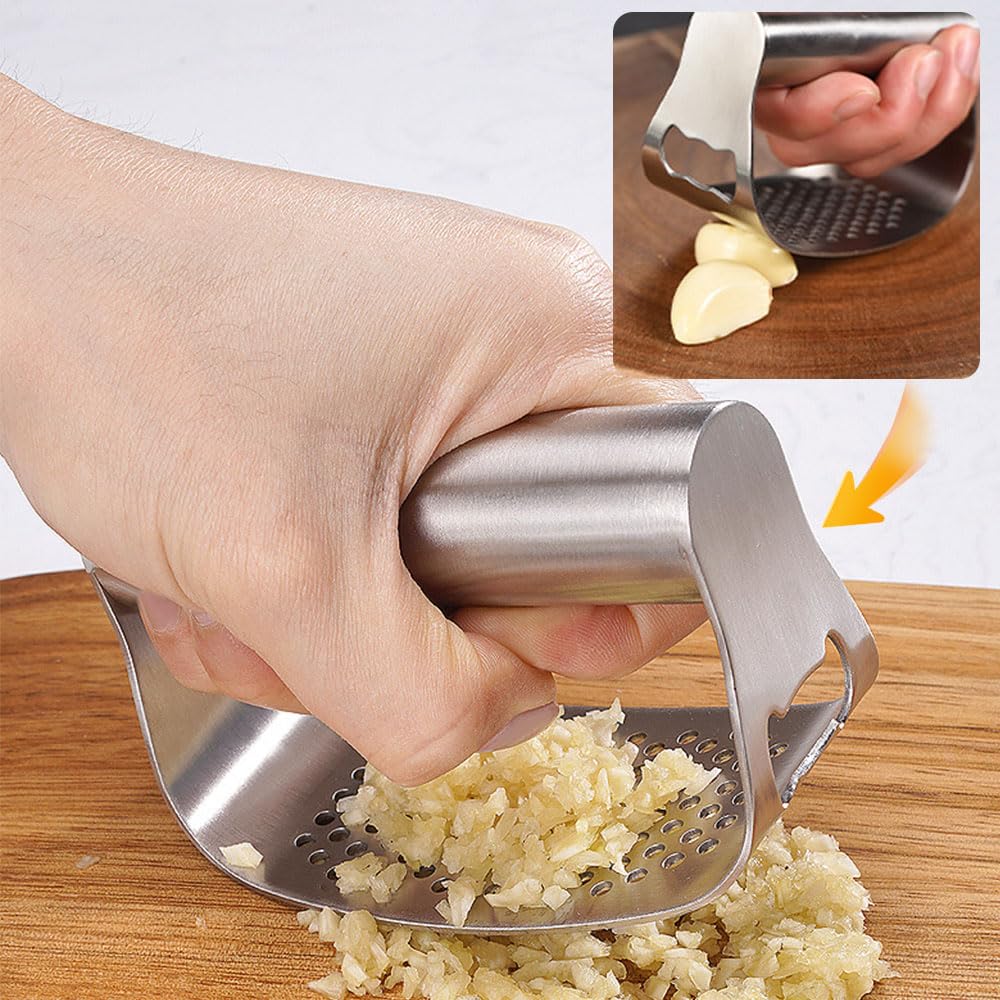 Stainless Steel Garlic Presser, 2024 New Garlic Press Rocker Garlic Mincer Garlic Crusher with Peeler and Cleaning Brush, Comfortable Handle Garlic Chopper for Smash Garlic Kitchen Tools (A)