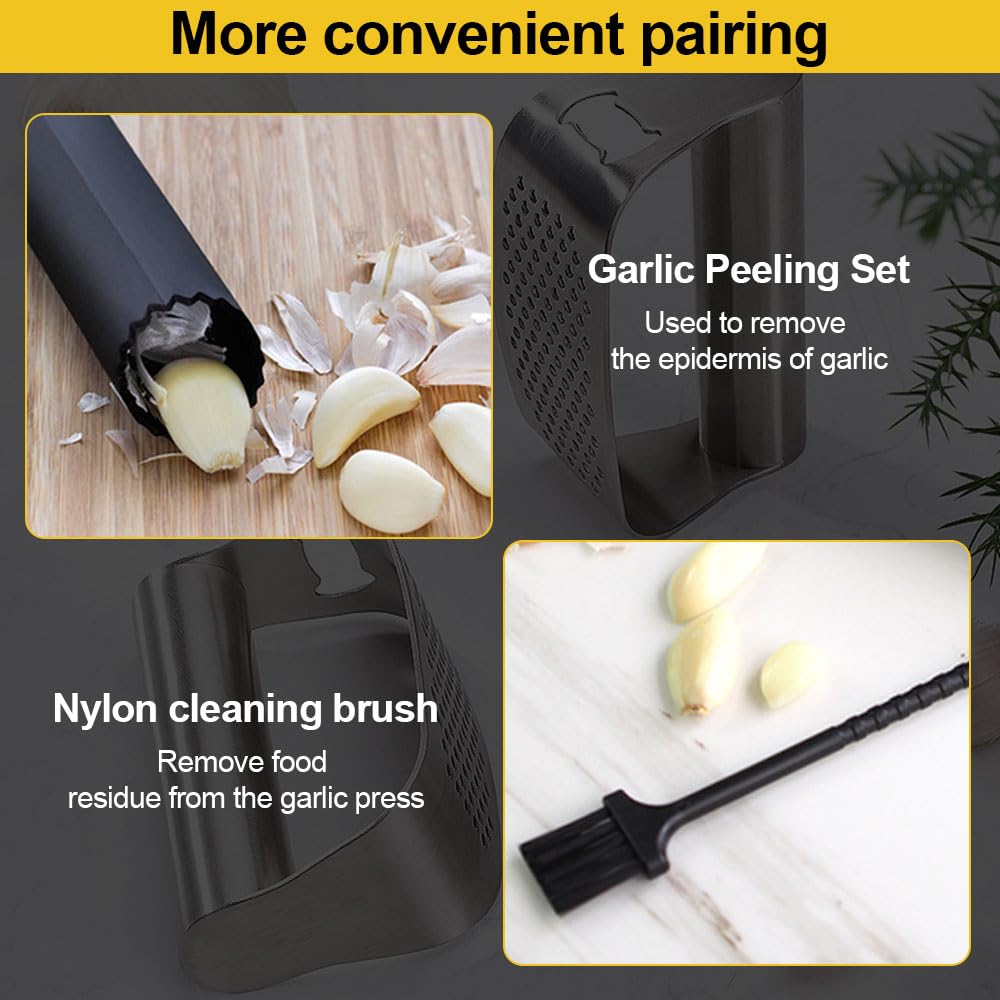 Stainless Steel Garlic Presser, 2024 New Garlic Press Rocker Garlic Mincer Garlic Press Stainless Steel, Garlic Chopper with Peeler and Cleaning Brush for Smash Garlic Kitchen Tools (A)