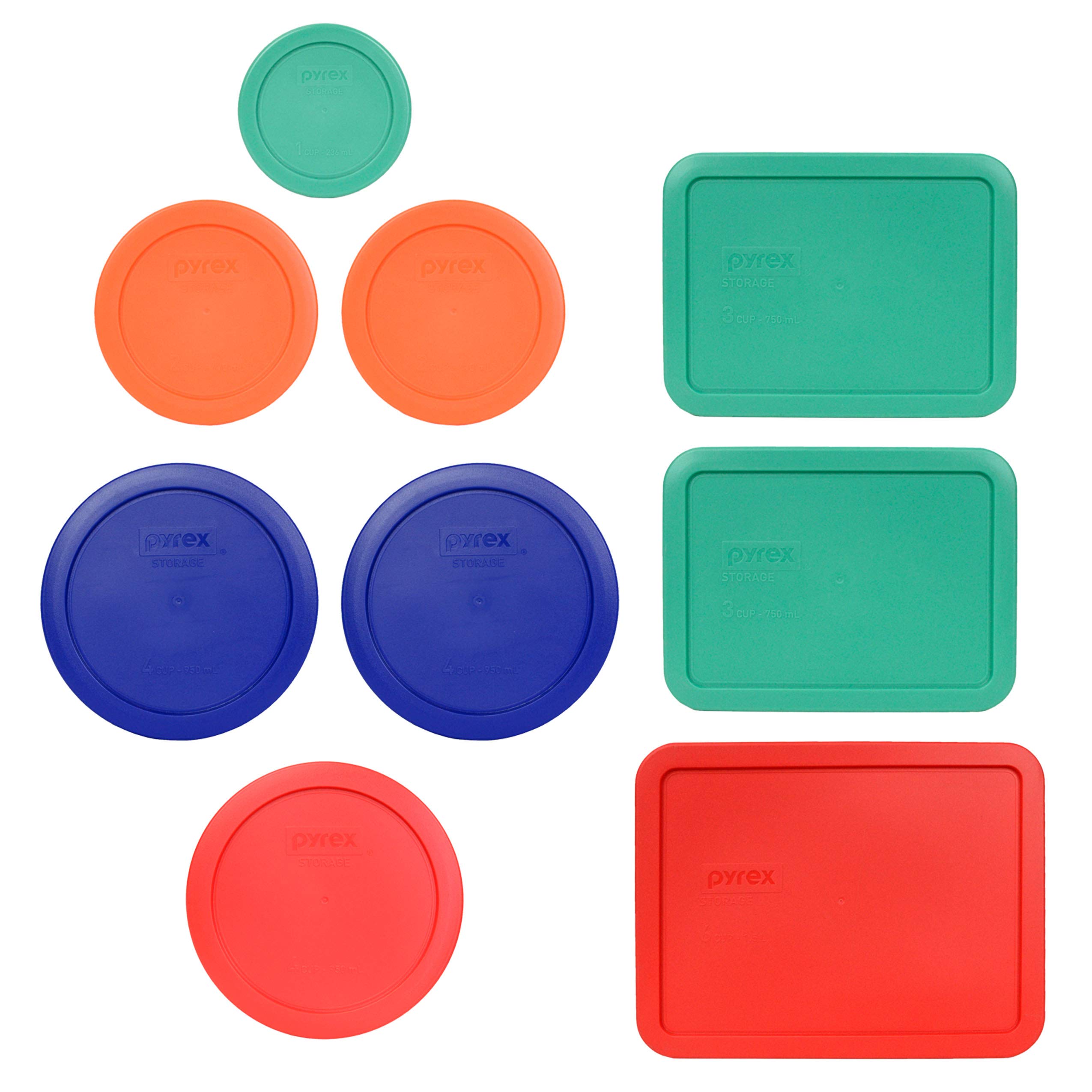 Pyrex (1) 7202-PC 1 Cup Green (2) 7200-PC 2 Cup Orange (2) 7201-PC 4 Cup Cadet Blue (1) 7201-PC 4 Cup Red (2) 7210-PC 3 Cup Light Green (1) 7211-PC 6 Cup Red Food Storage Replacement Lids