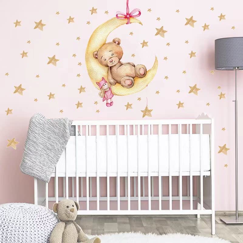 Teddy Bear with Stars Wall Stickers Vinyl Decal Baby Room Decor Nursery Interior Decoration Teddy Bear Wall Decals (Gold)