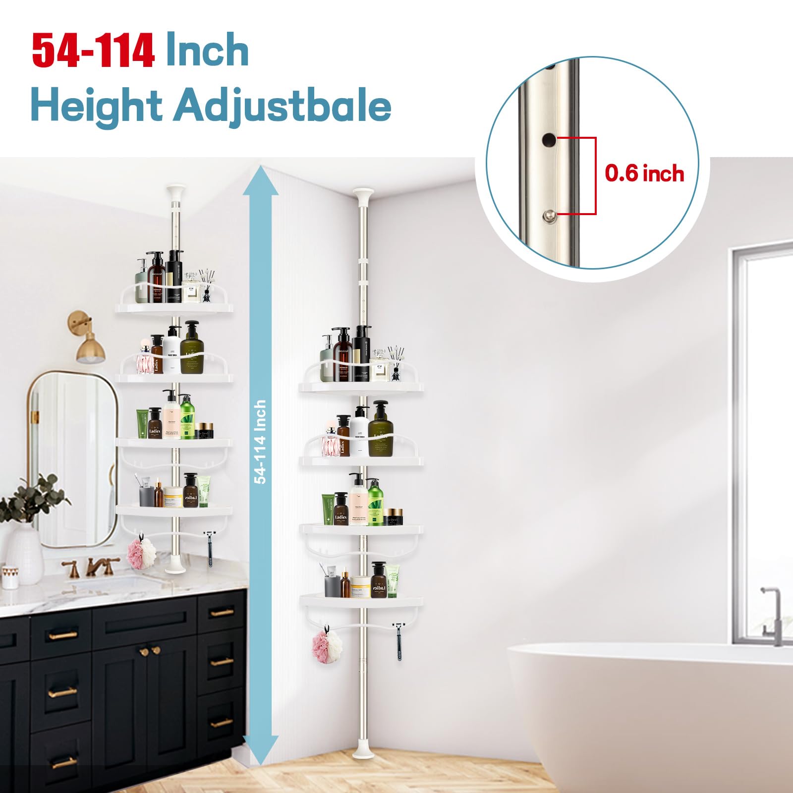 UIABOPZ Shower Caddy Tension Pole, Rustproof Shower Corner Caddy, 4-Tier Shower Organizer Corner Shelf Tension Rod Shower Caddy Corner 54 to 114 Inch