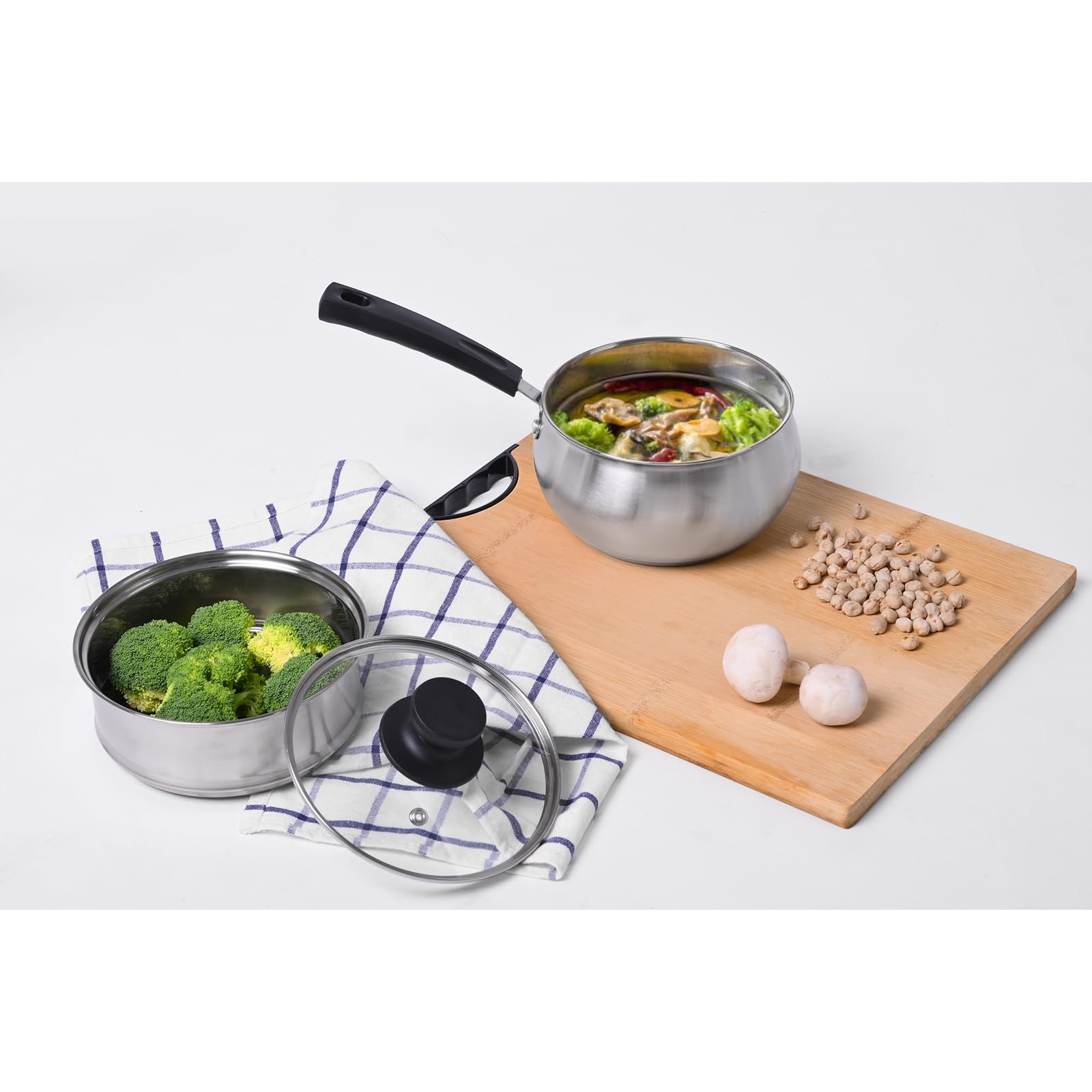 Stainless Steel Saucepan, 1.5 QT Sauce Pan with Steamer & Glass Lid for Cooking, 2-Tier Multipurpose Small Sauce pot Steam Pot for Vegetables, Seafood, Soups, Stews, Pasta, Induction Safe