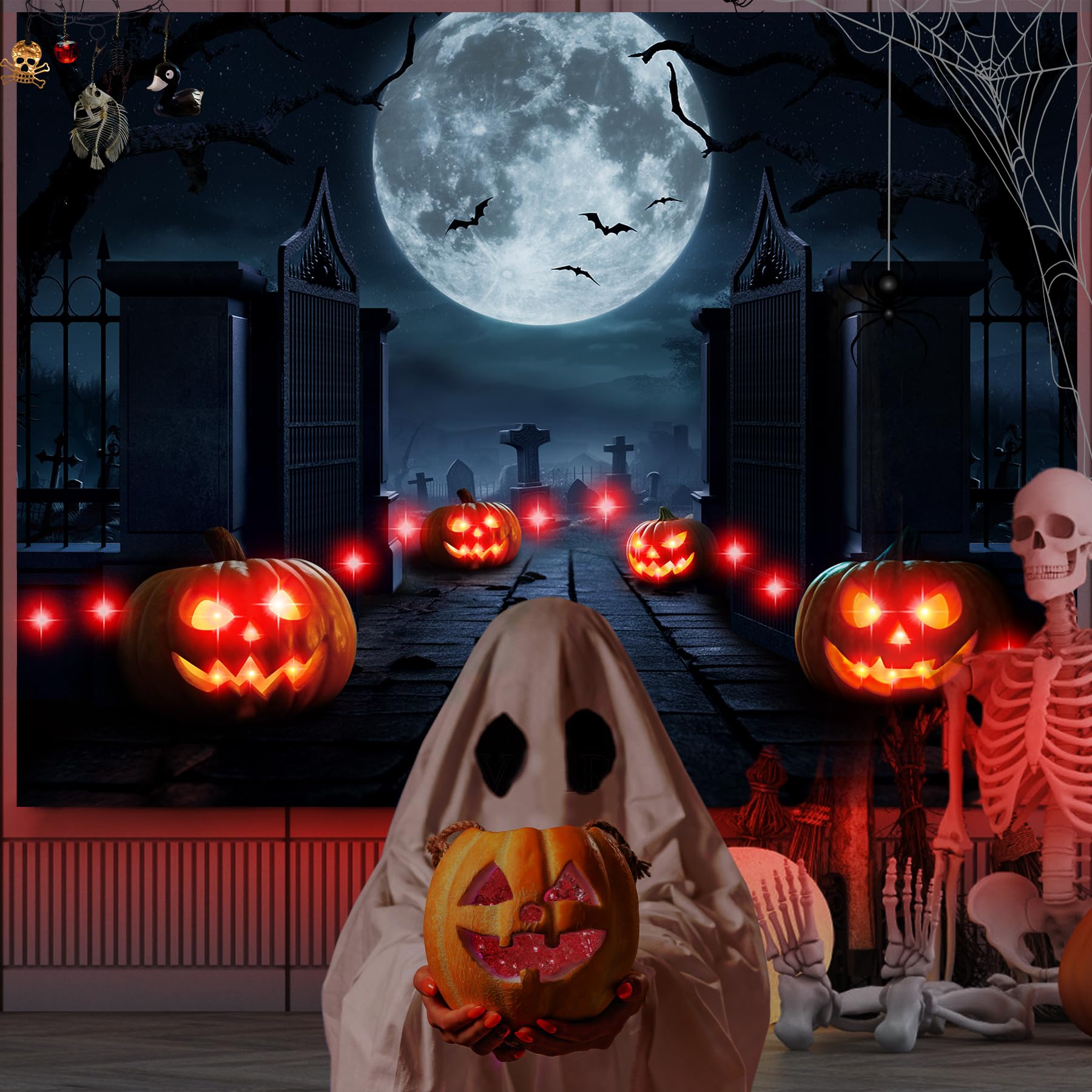 Light Up Halloween Backdrop Halloween Photo Cemetery Backdrops Scary Party Decorations Supplies for Photography Horror Photo Booth Props Background 6.5ft x 5ft