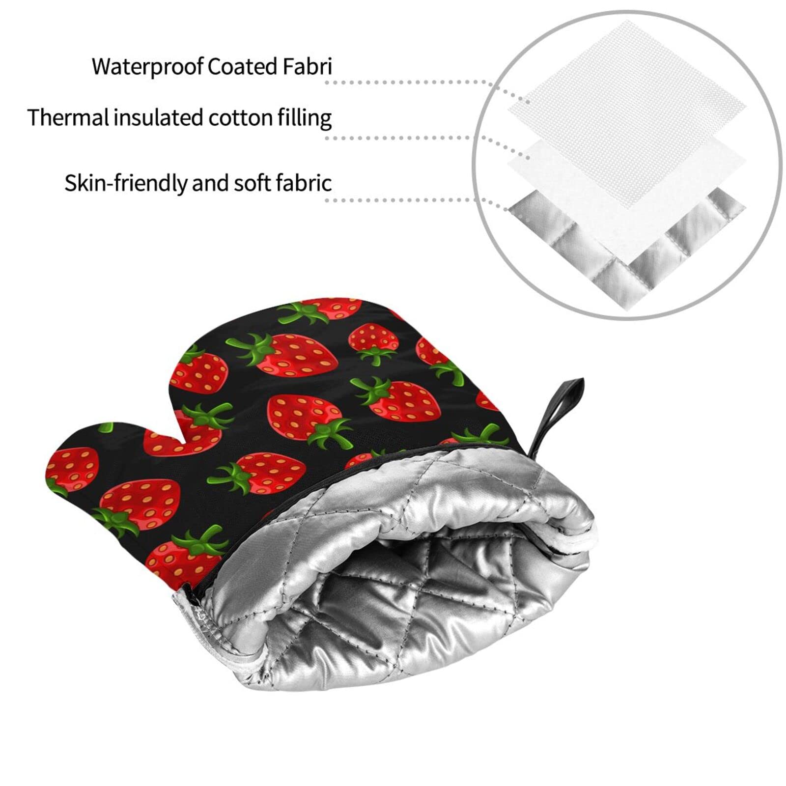 Oven Mitts and Pot Holders Sets 4 Piece, Strawberry On Black Background Oven Gloves Heat Resistant Non-Slip for Kitchen Cooking Grilling Baking