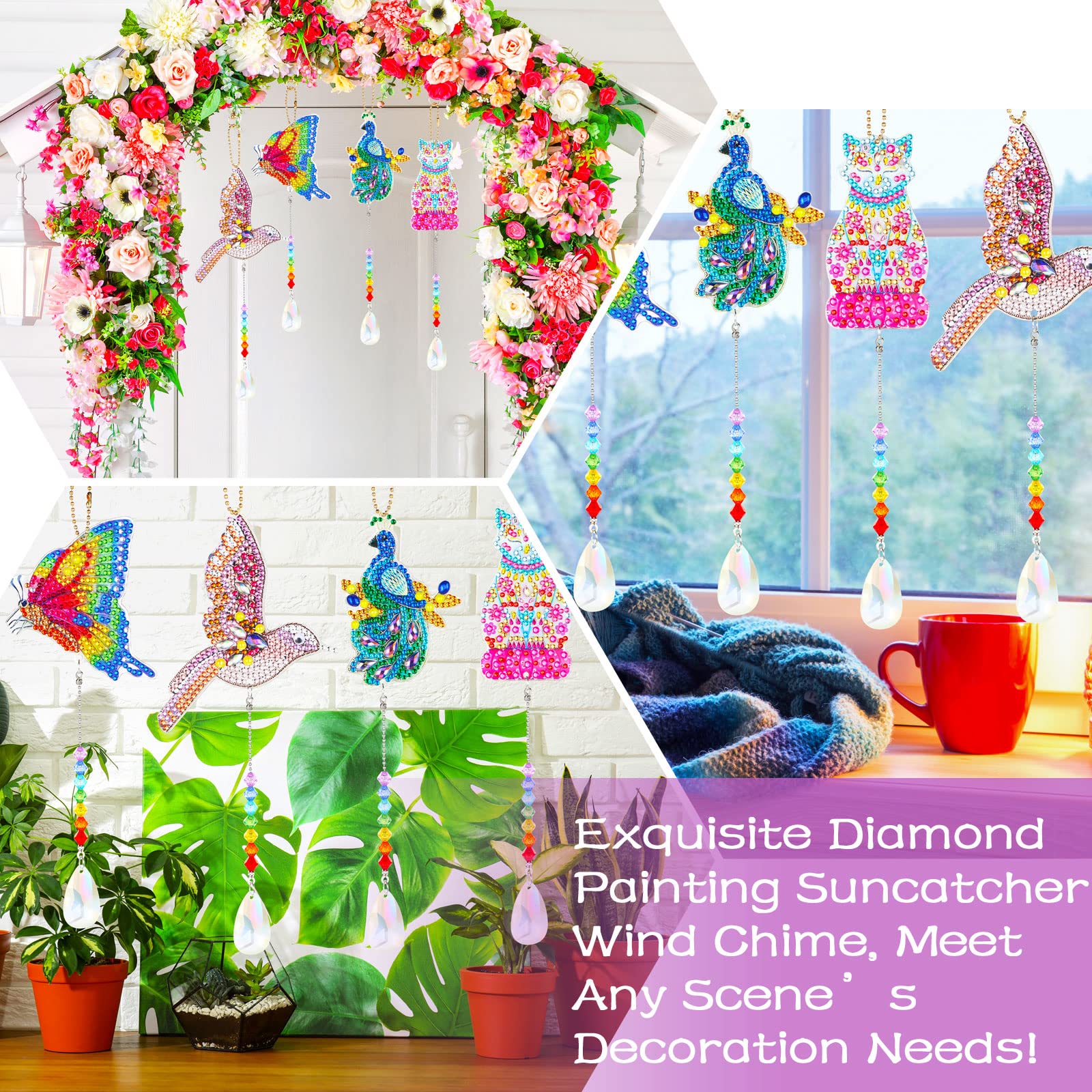 Queekay 4 Pieces Diamond Art Sun Catcher DIY Wind Chime Kit Hanging Double Sided Hummingbird Butterfly Cat Peacock Shape Crystal Number Ornament for Adults Kids Home Garden Decoration