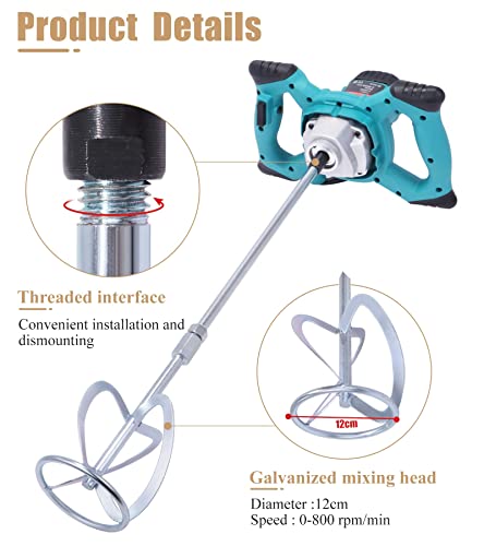 Portable Concrete Mixer 110V 2100W Electric Handheld 6 Gears for Thinset Cement Plaster Grout Paint Mud Mixing with 23.6" Stirring Rod (Blue)