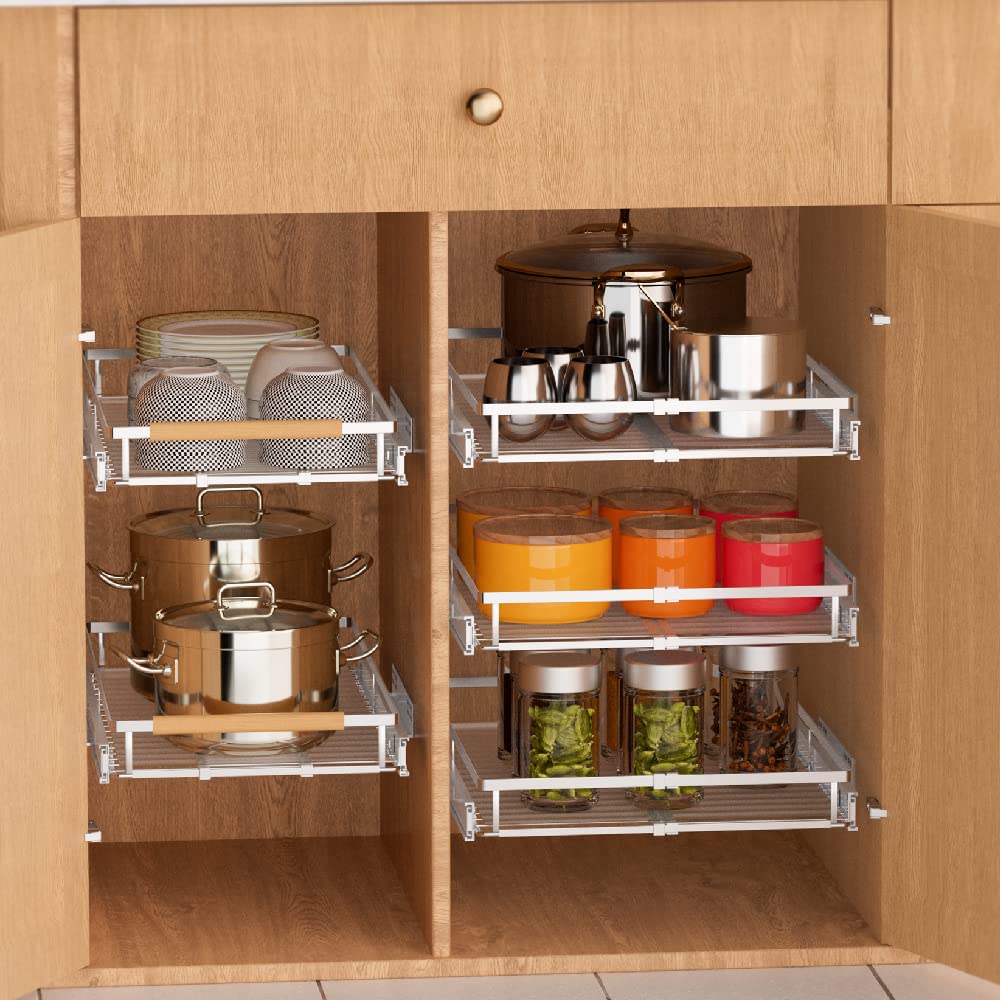 MIYUPTC Expandable Pull Out Drawer Cabinet Organizers, Slide Out Pantry Shelves Wire Pull Out Storage Shelf Drawer Basket for Kitchen Base Cabinet Organization, Chrome, 12''-18.2''W x 16.9''D