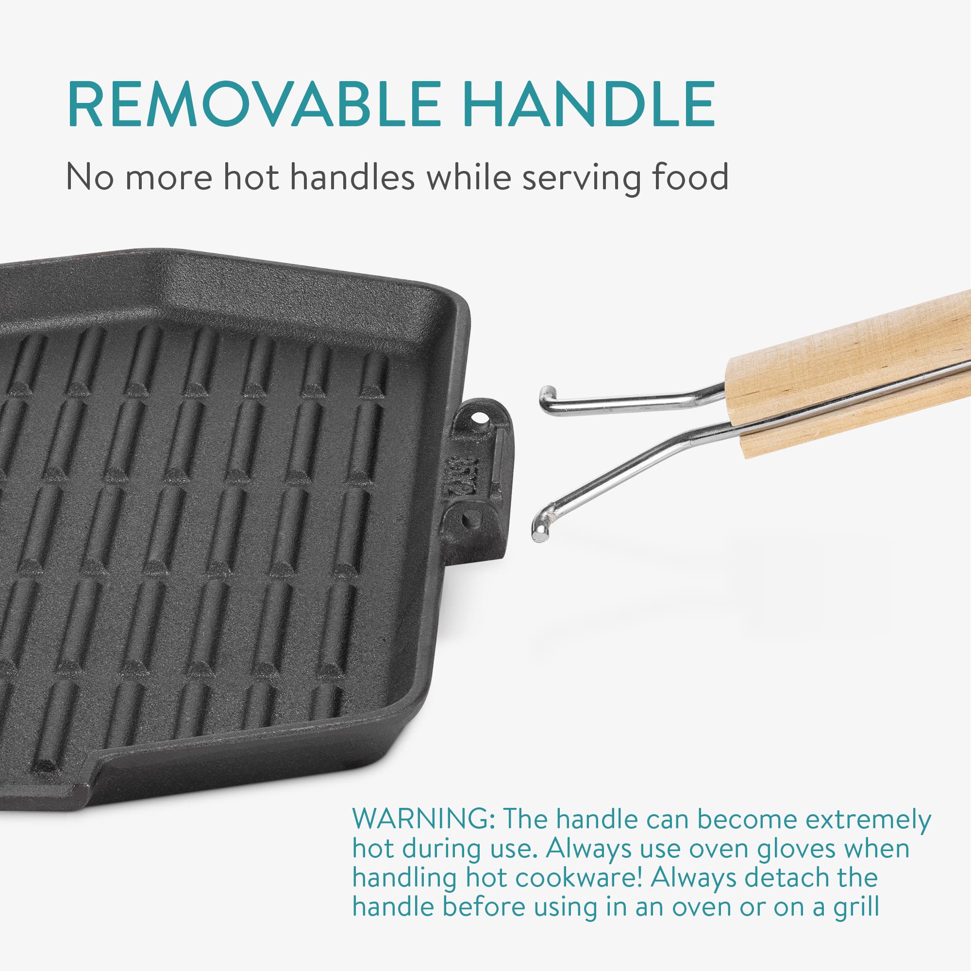 Navaris Sizzling Cast Iron Skillet Set - Fajita Grill Pan with Removable Handle for Fajitas, Steak, Sizzler Dishes 13.4" x 8" - Includes Wood Trivet