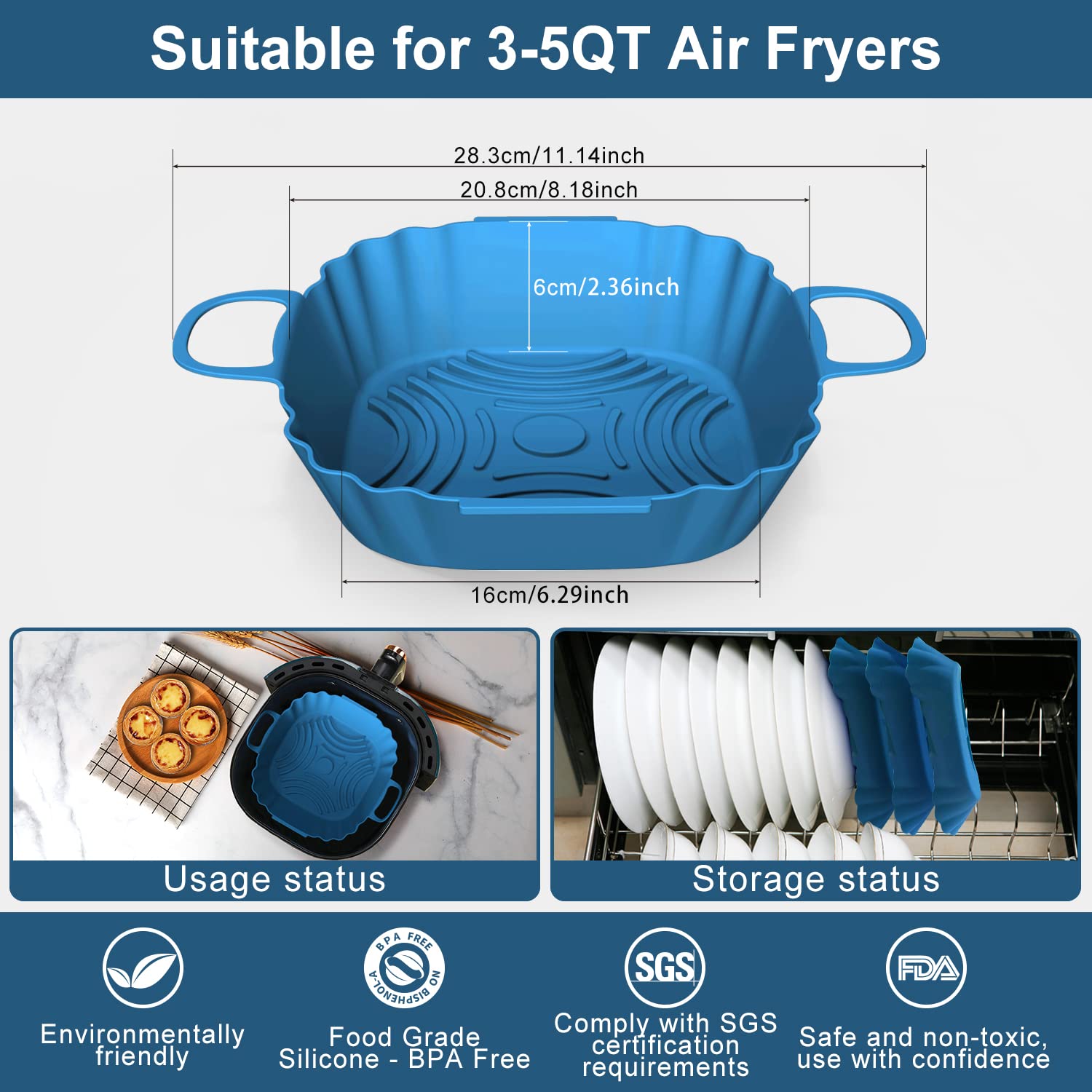 Permanent Warranty 8 Inch Silicone Air Fryer Liner 2 Pack Reusable 100% Food Grade Silicone Air Fryer Liner (Blue/Gray)