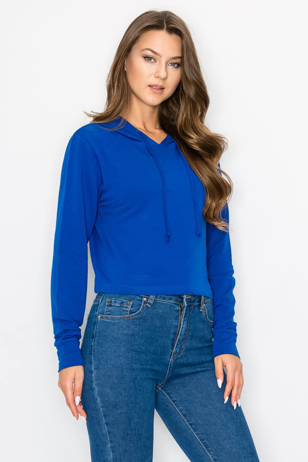 Sheismine Women's Crop Hoodie Pullover - Casual French Terry Long Sleeve Cropped Top Basic Active Running Yoga Sweatshirt FT4805 Royal L