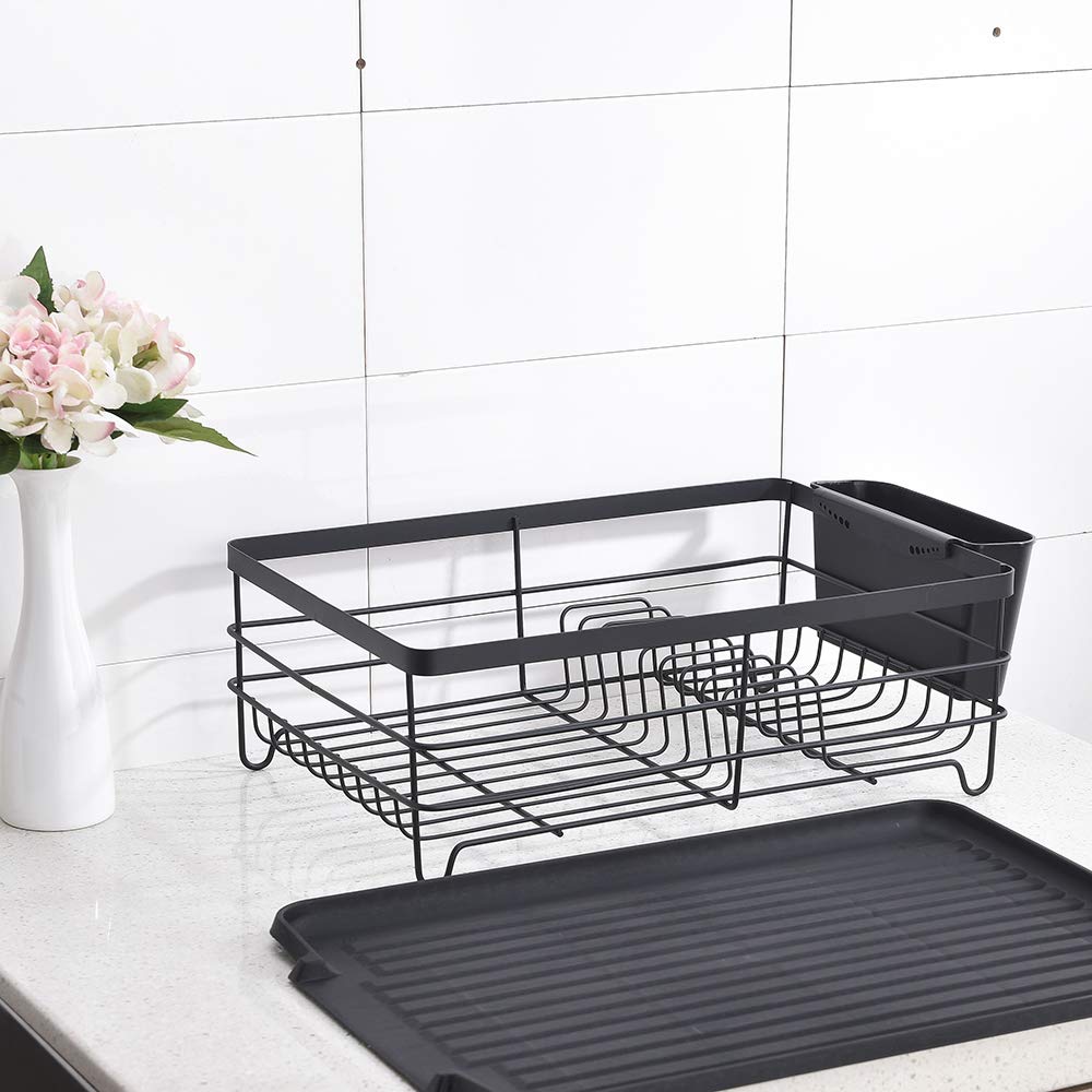Popity home Dish Drying Rack, Large Kitchen Dish Drying Rack, Metal Dish Rack, Drying Rack with Black Drainboard, Spoons and Knives Storage Box