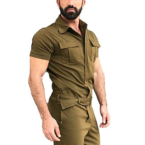 Men's Fashion Romper Short Sleeve Jumpsuit Zipper Playsuit One-Piece Casual Pants with Pockets Plus Size (Green, M)