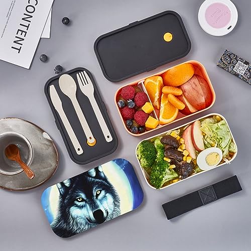 Wolf Under Moon Adult Lunch Box, Bento Box, With Cutlery Set Of 3, 2 Compartments, Rectangular, Lunch Box For Adults