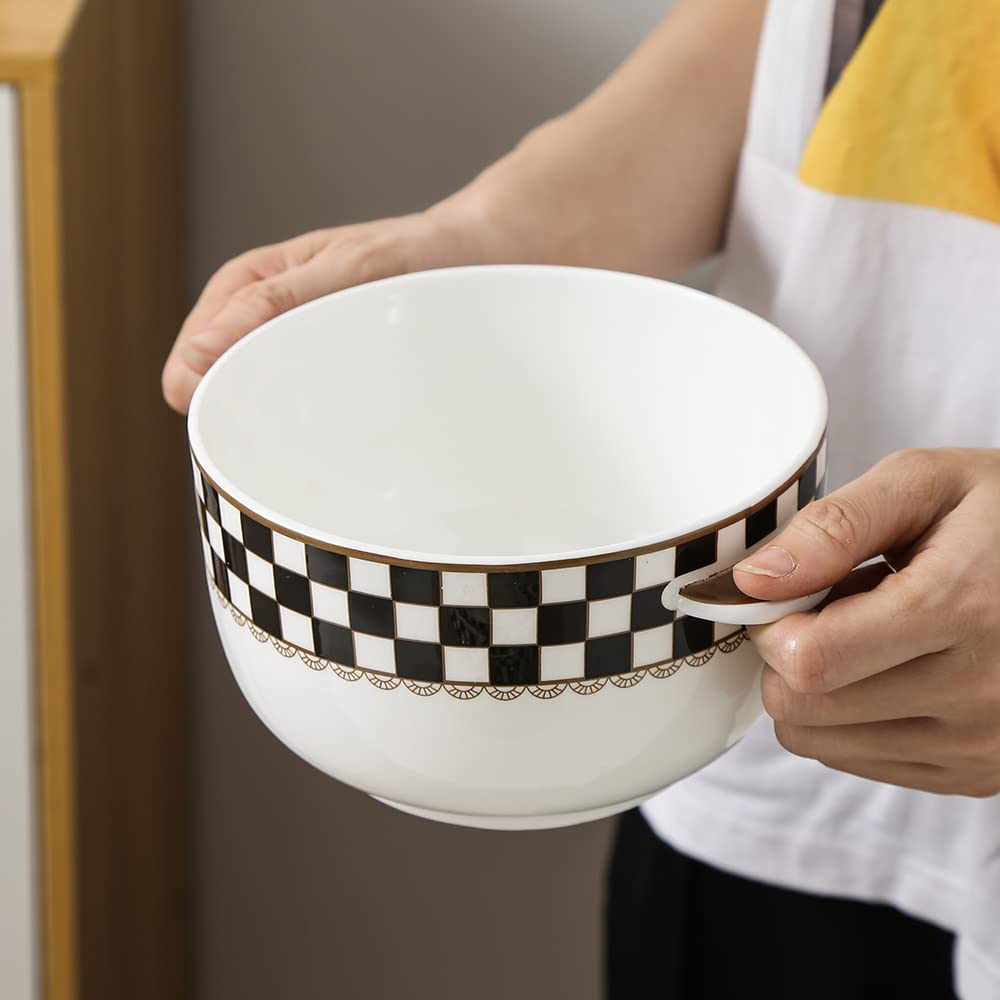 Porlien Checkered 8-Piece Plates and Bowls Set with Handles, Set of 2, Dessert/Cereal Bowls & Salad/Soup/Dessert Plates