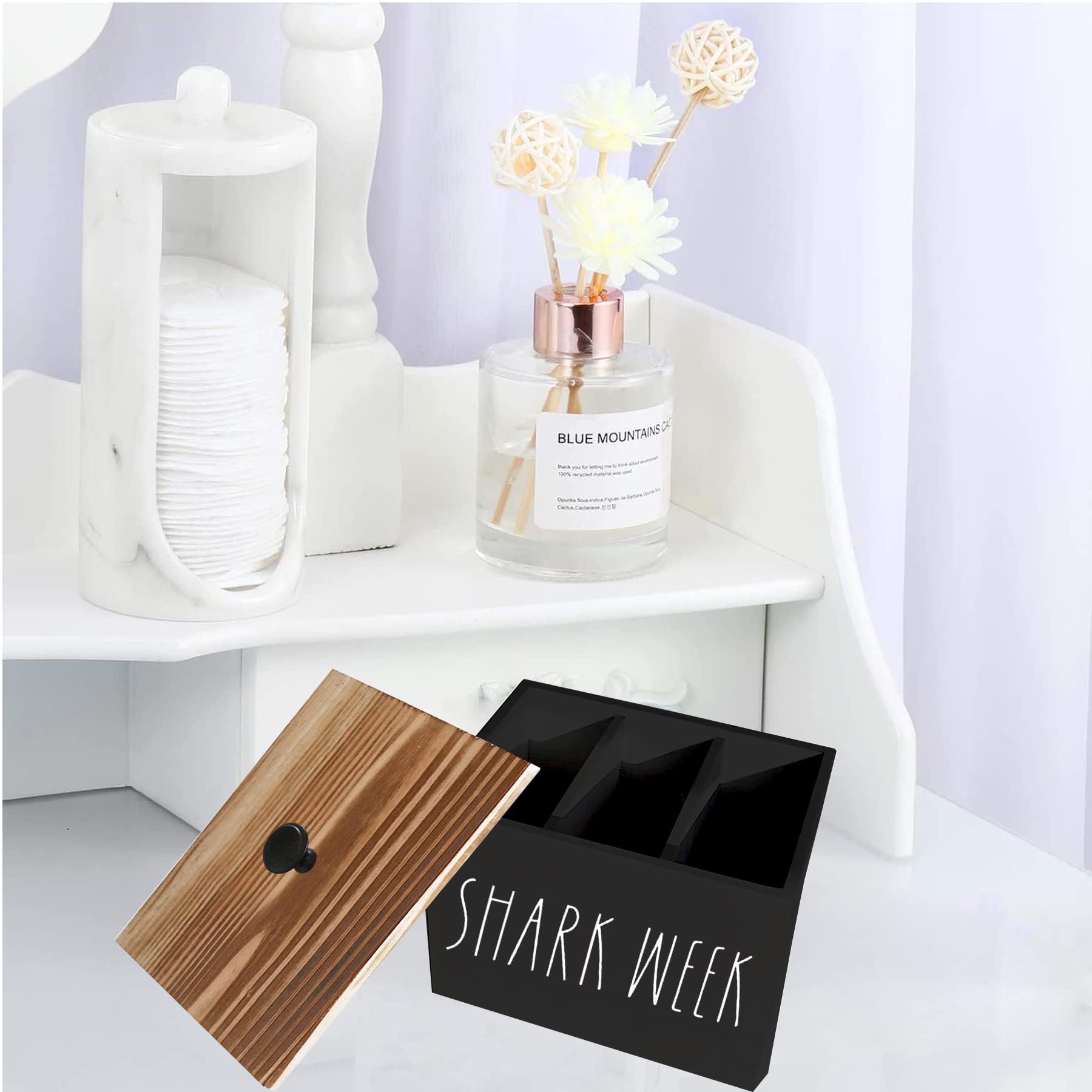Tampon Holder for Bathroom,Farmhouse Bathroom Organizer,Rustic Wood Bathroom Storage Bin with Lid,Wood Movable Partition Feminine Product Organizer with Lid,Bathroom Accessories Box (Black wood)