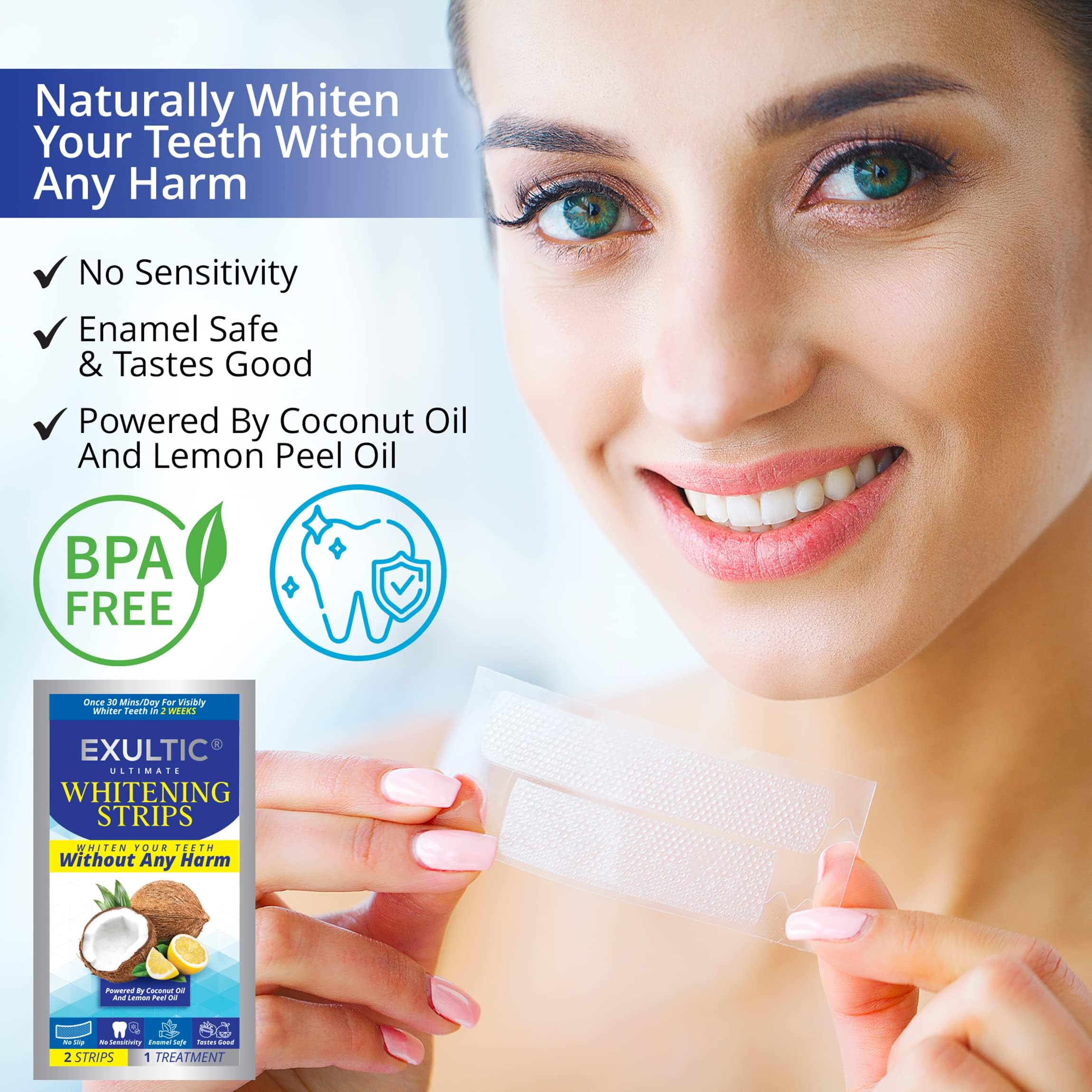 Teeth Whitening Strips for Sensitive Teeth, Tooth Whitening Strips with Coconut and Lemon Peel Oil for Whiter, Brighter Smiles (14 Treatments)