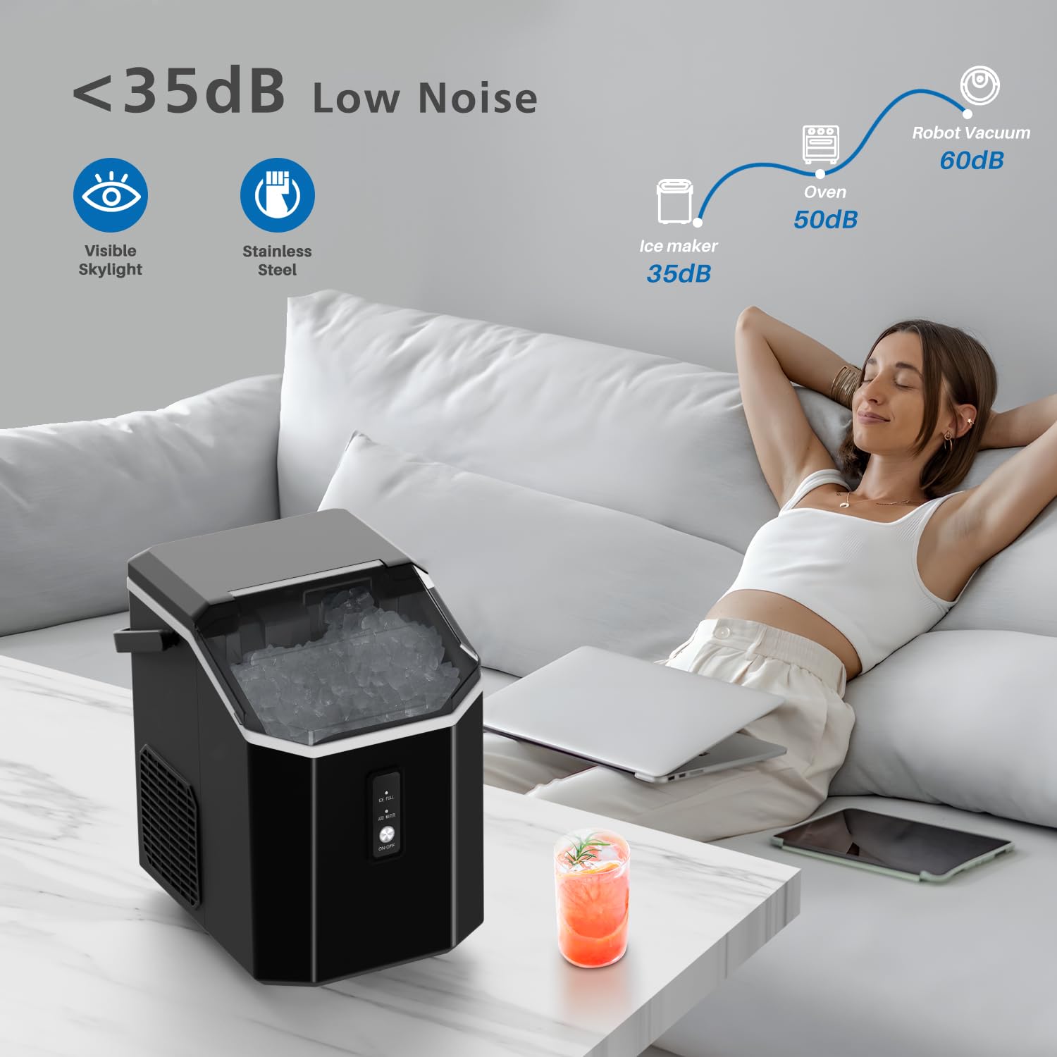 Xbeauty Nugget Ice Makers Countertop, Crushed Ice Maker with Handle 35Lbs/24H,Soft Chewable Ice, Pebble Ice Maker with Self-Cleaning, Ice Scoop& Basket,for Home,Office,Kitchen（Black）