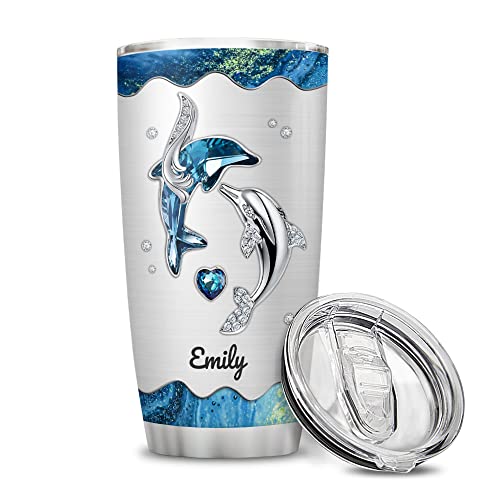 Wassmin Personalized Dolphin Tumbler Cup With Lid 20oz 30oz Custom Name Animal Stainless Steel Double Wall Vacuum Insulated Tumblers Coffee Travel Mug Birthday Christmas Customized Gifts Women Girls