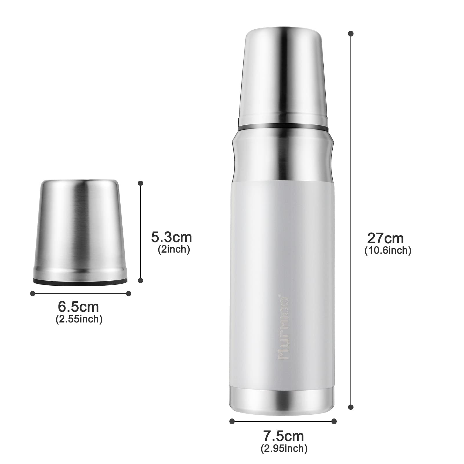 Murmioo travel vacuum flask,stainless steel insulated bottle, built-in cap cup, cold for 24 hours, heat for 12 hours, BPA Free leak proof, sweat free 17oz/500ml Gray