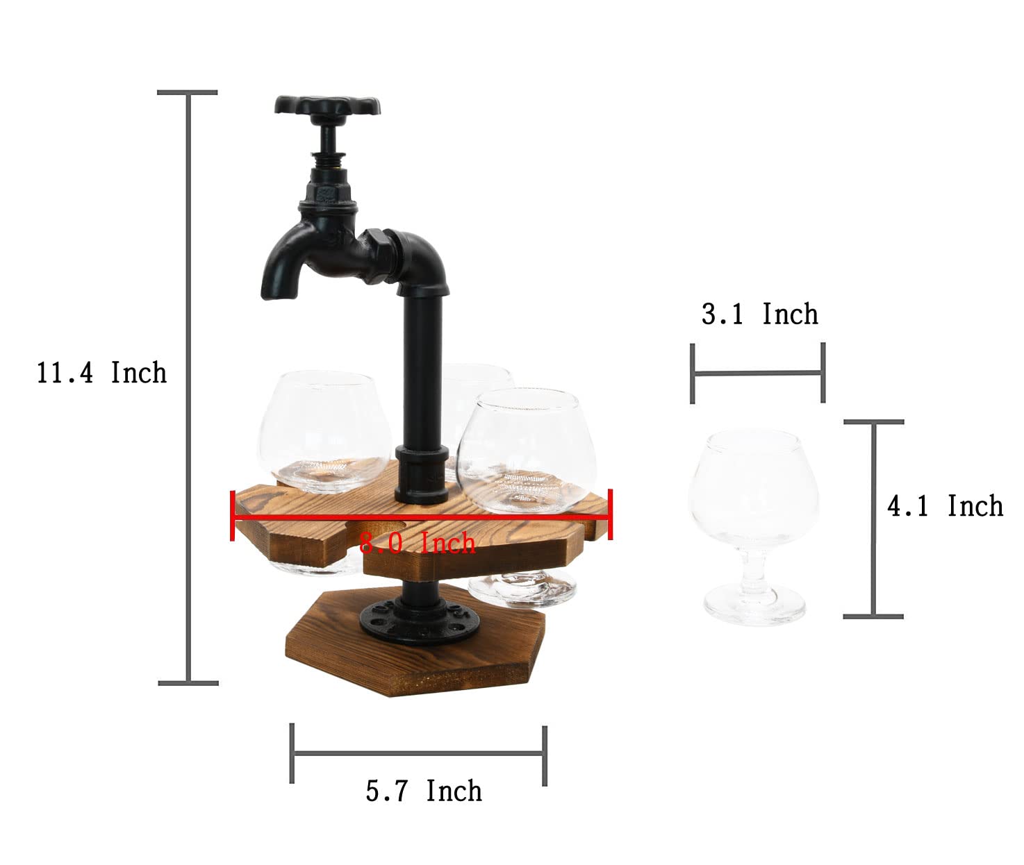 Owlgift Industrial Pipe & Burnt Wood Beer/Whiskey Flight Set with 4 Glasses, Cast Iron Faucet Spigot Design